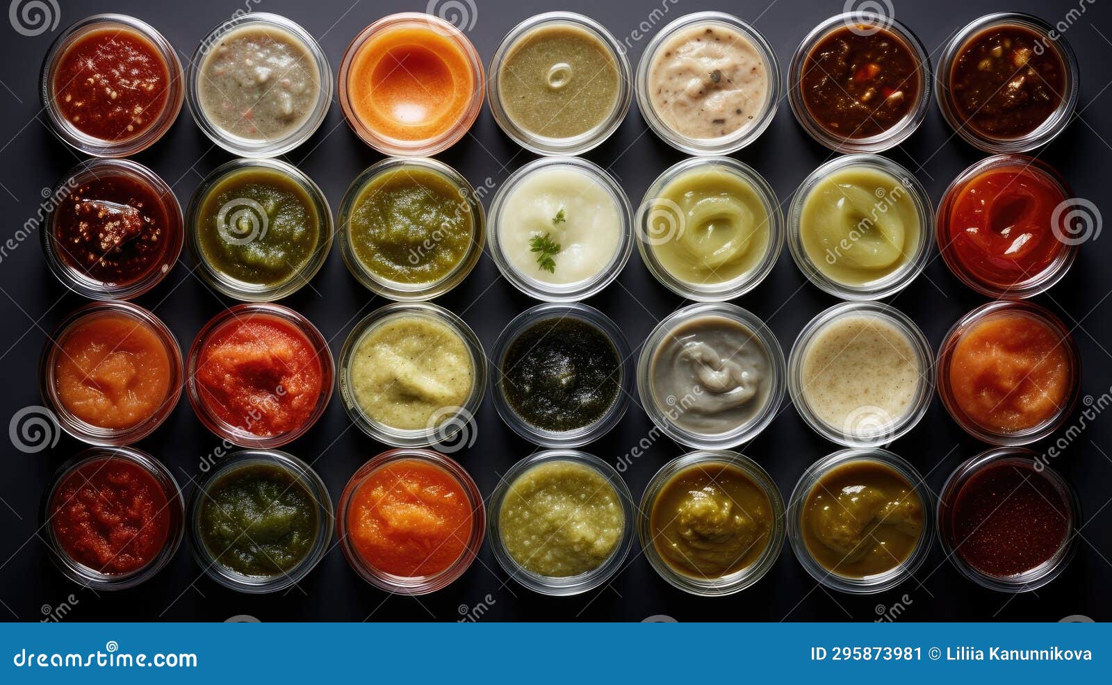 Various Sauces Presented in Separate Jars, a Top-down View of these ...