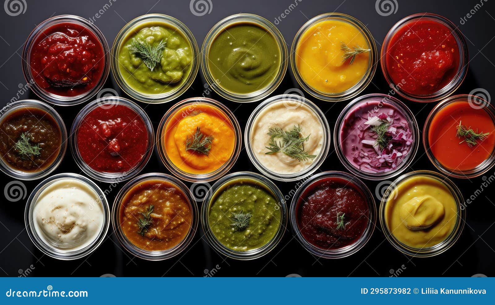 Various Sauces Presented in Separate Jars, a Top-down View of these ...