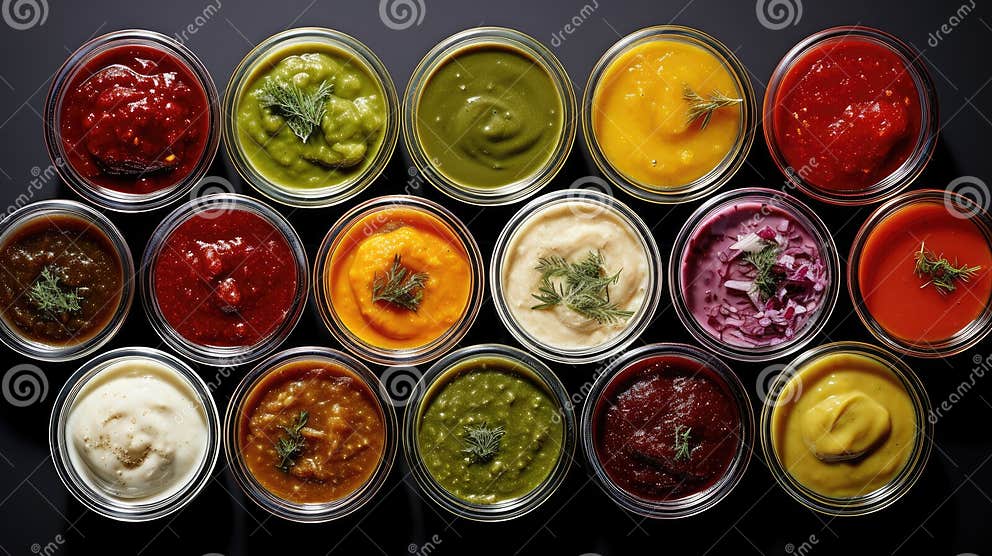 Various Sauces Presented in Separate Jars, a Top-down View of these ...