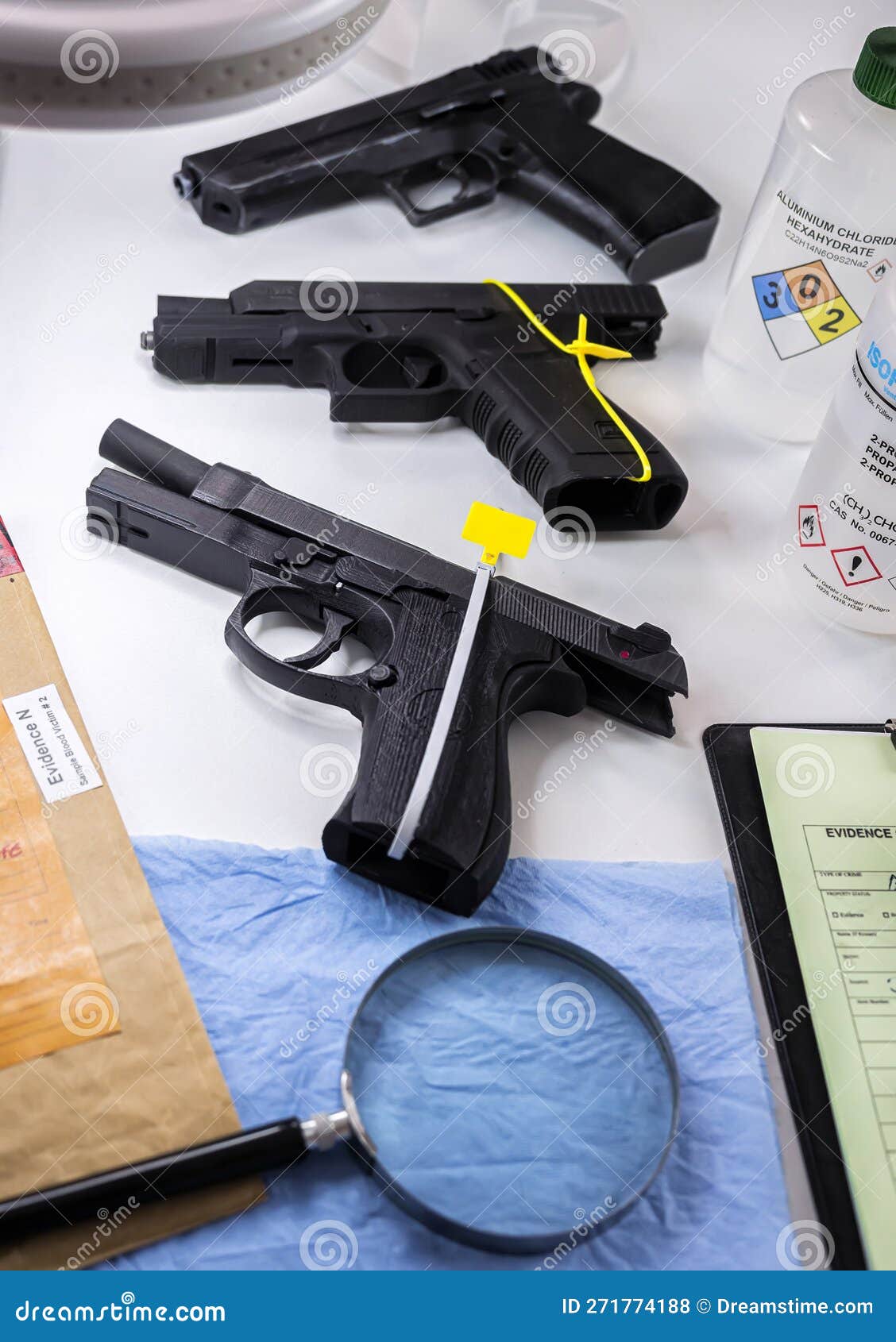 Various Sealed Automatic Pistols in Crime Lab, Crime Investigation ...