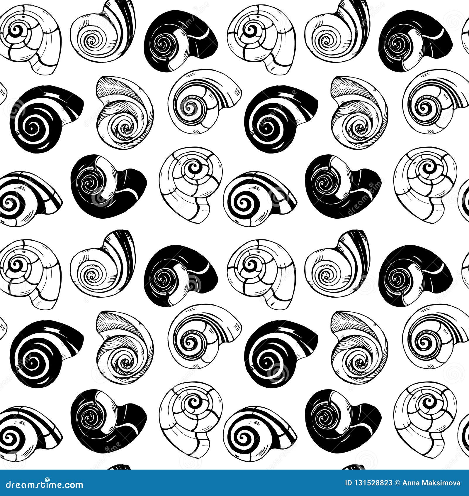 Various Seashells, Monochrome Seamless Pattern Stock Vector ...