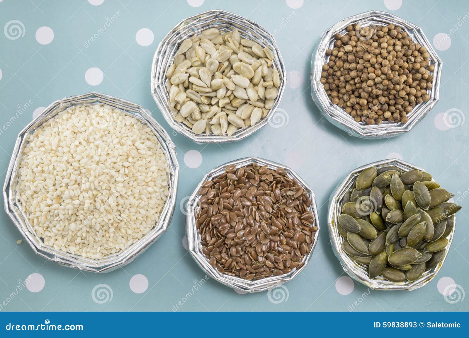 Various Seeds In Shiny Bowls Stock Image - Image of grass, background ...