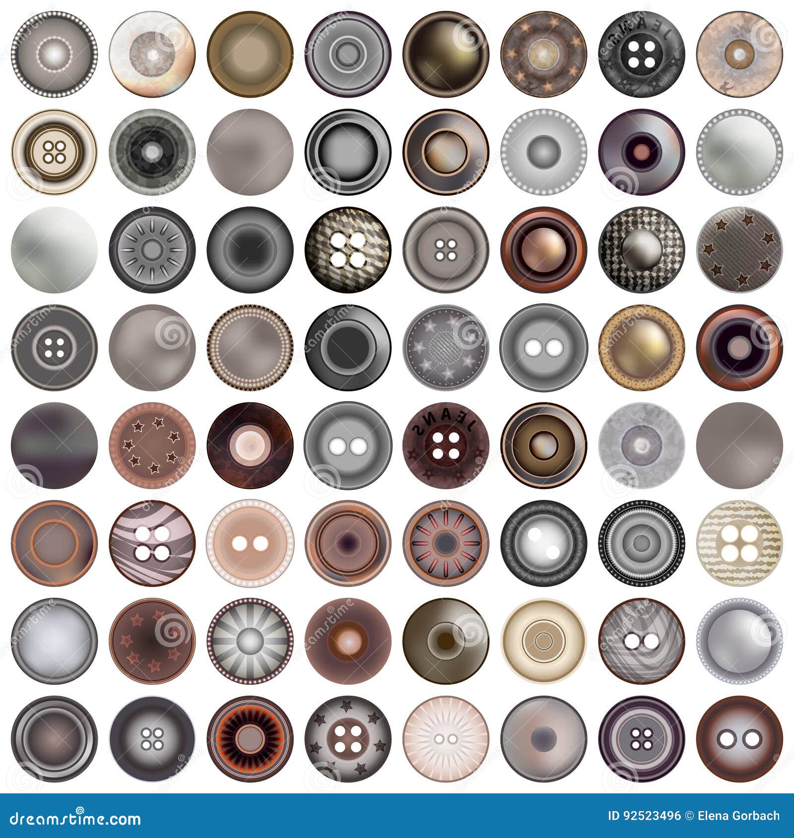 Various Sewing Buttons Isolated on White. Mega Set of Realistic Metal ...