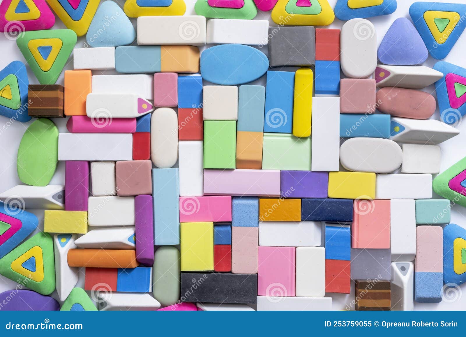 Various Shapes and Colors of Erasers Arranged Stock Image - Image of ...