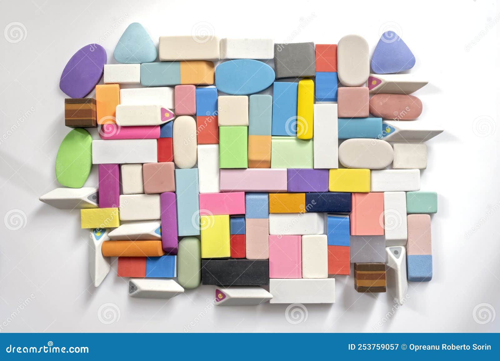 Various Shapes and Colors of Erasers Arranged Stock Image - Image of ...