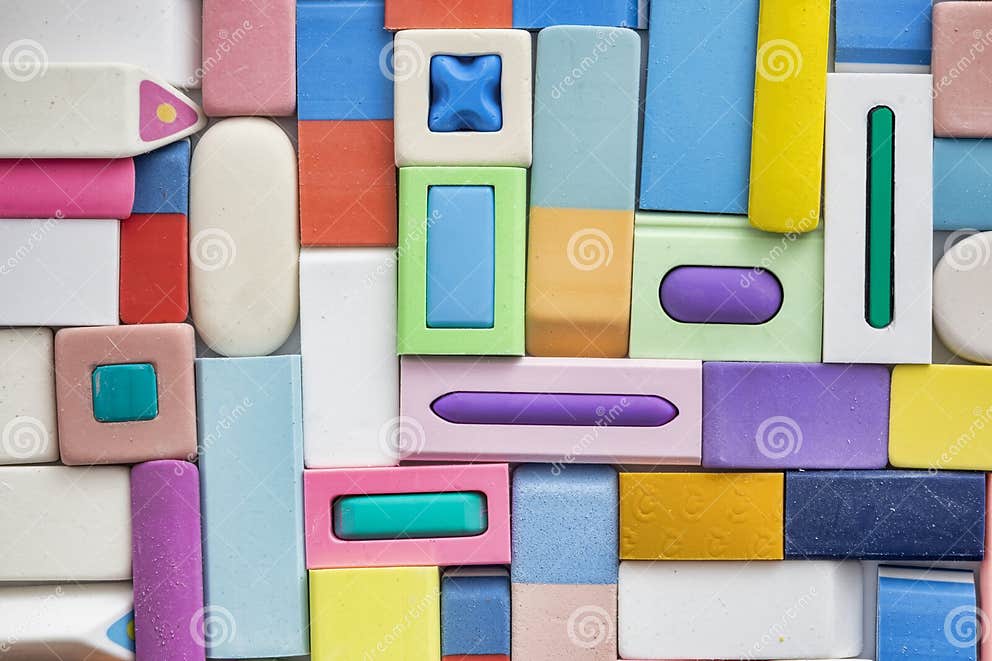 Various Shapes and Colors of Erasers Arranged Stock Photo - Image of ...