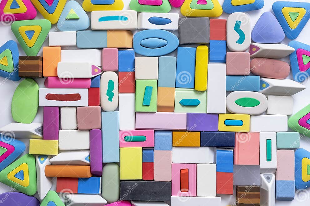 Various Shapes and Colors of Erasers Arranged Stock Photo - Image of ...