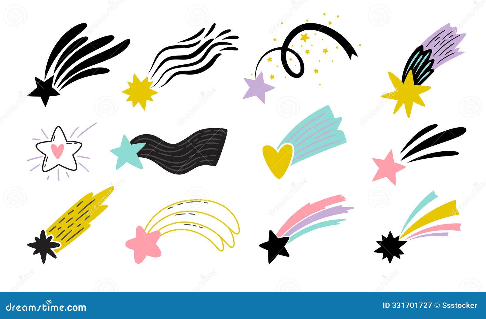 Various Shooting Stars with Beautiful Bright Tails Stock Illustration ...