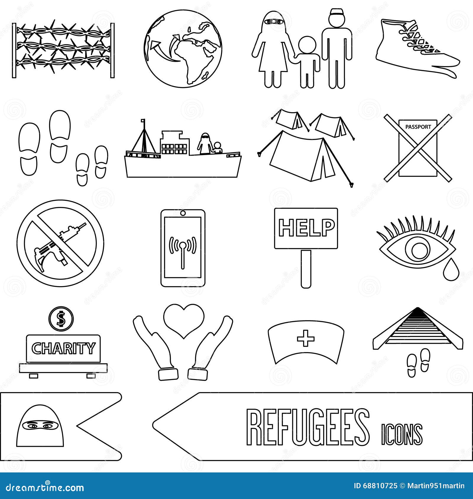 Various Simple Refugees Theme Outline Icons Set Stock Vector ...