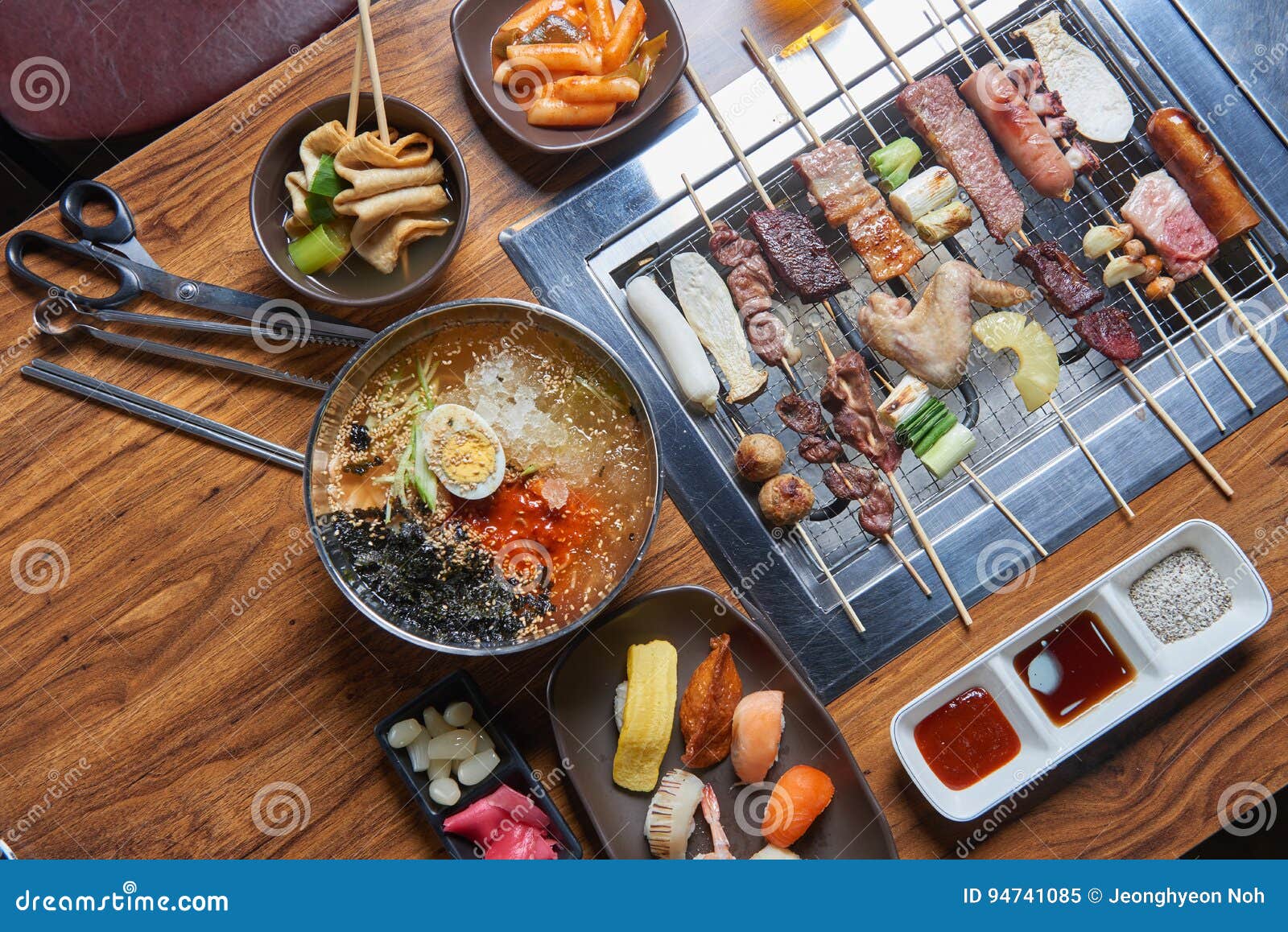 Various Skewers and Traditional Noodle Dishes. Stock Image - Image of ...