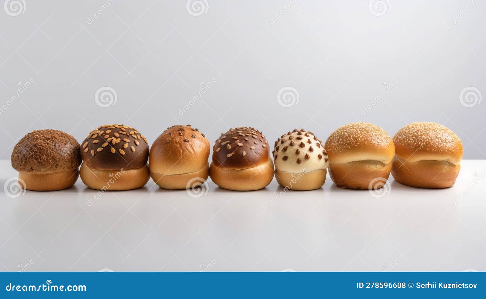 Various Small Fresh Buns with a Sprinkle of Seeds in a Row, White ...