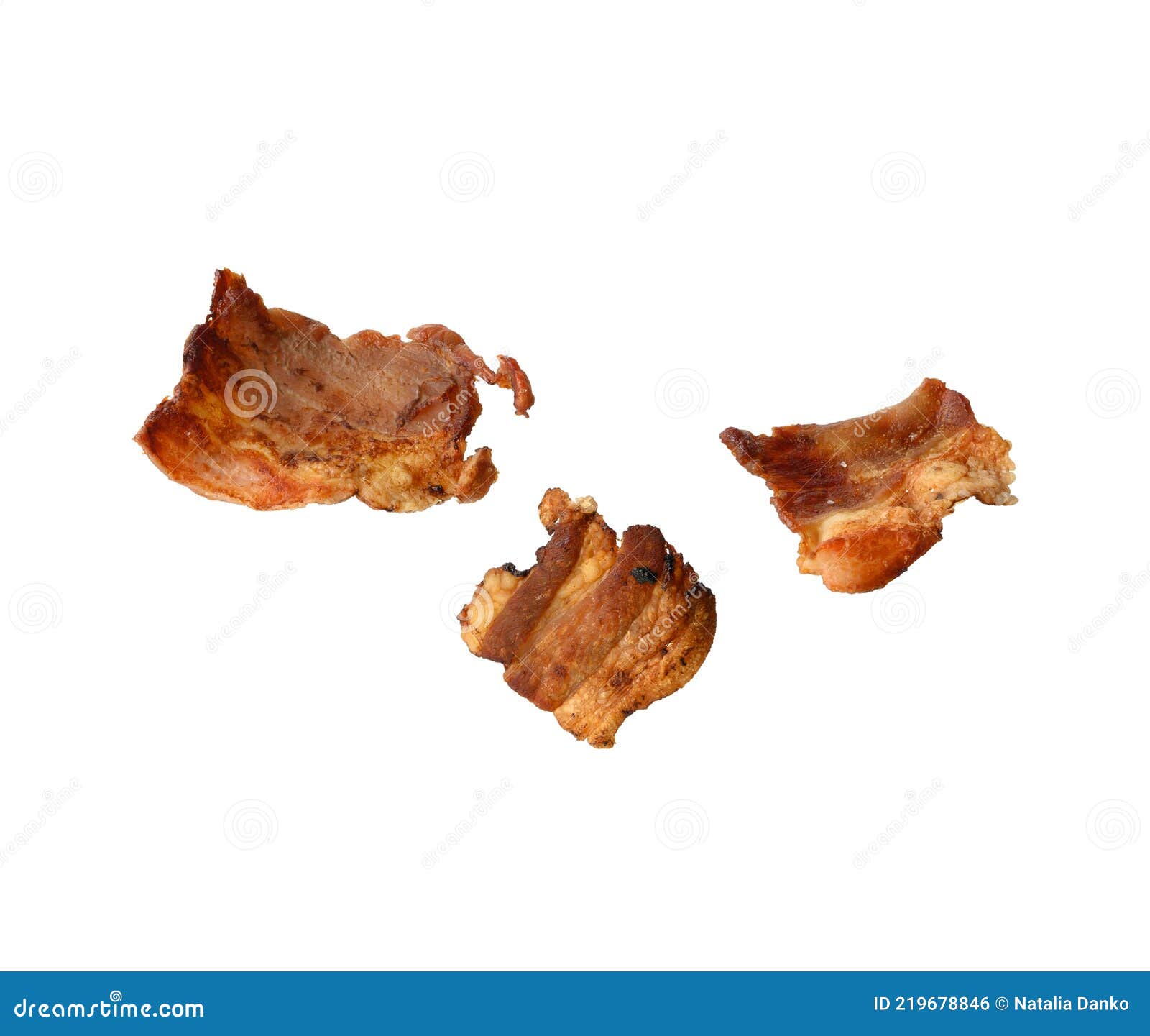 Various Small Fried Bacon Pieces Isolated on White Background Stock ...