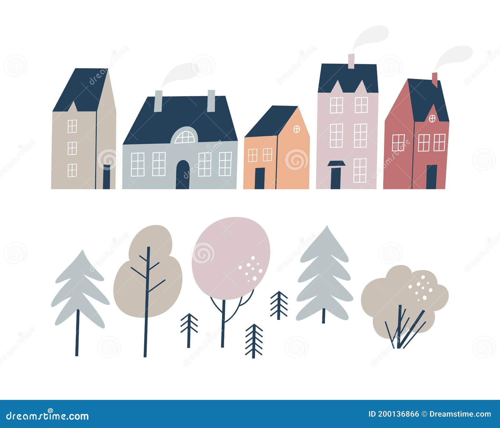 Various Small Tiny Houses, Trees And Shrubs. Flat Design. Hand Drawn ...