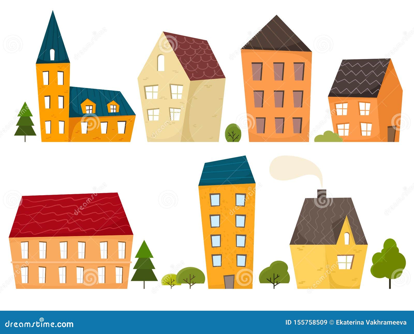 Various Small Tiny Houses, Trees And Shrubs. Flat Design. Hand Drawn ...