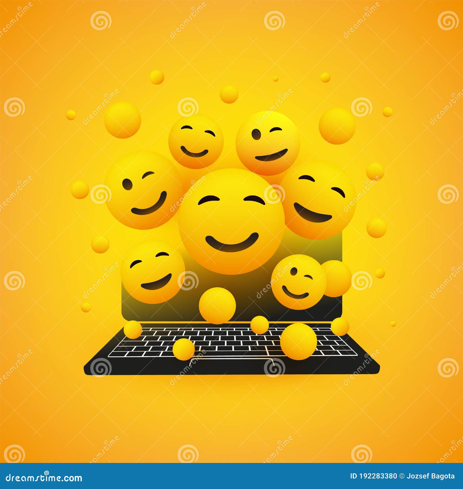 Various Smiling Happy Yellow Emoticons in Front of a Laptop Computer`s ...