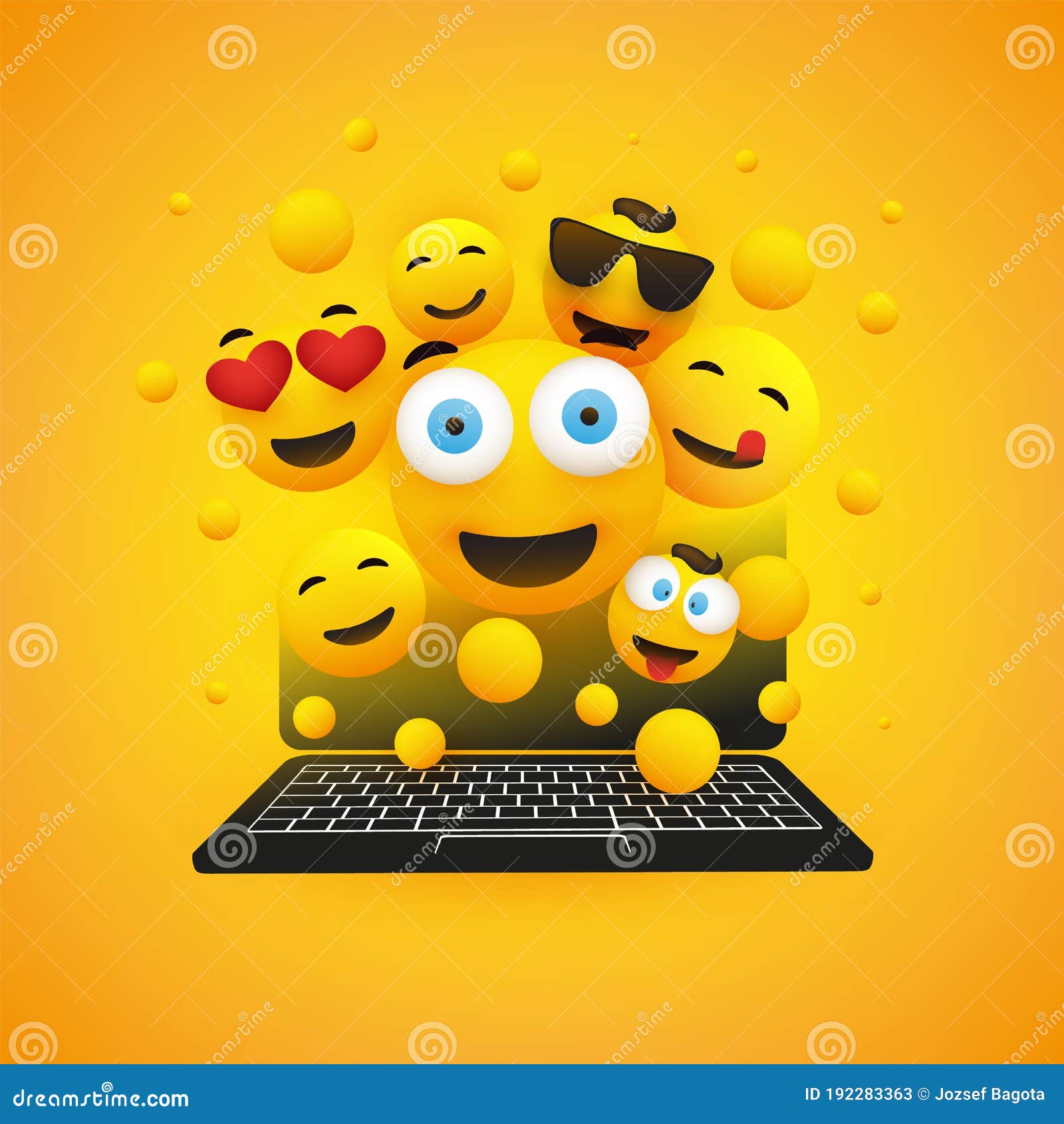 Various Smiling Happy Yellow Emoticons in Front of a Laptop Computers ...