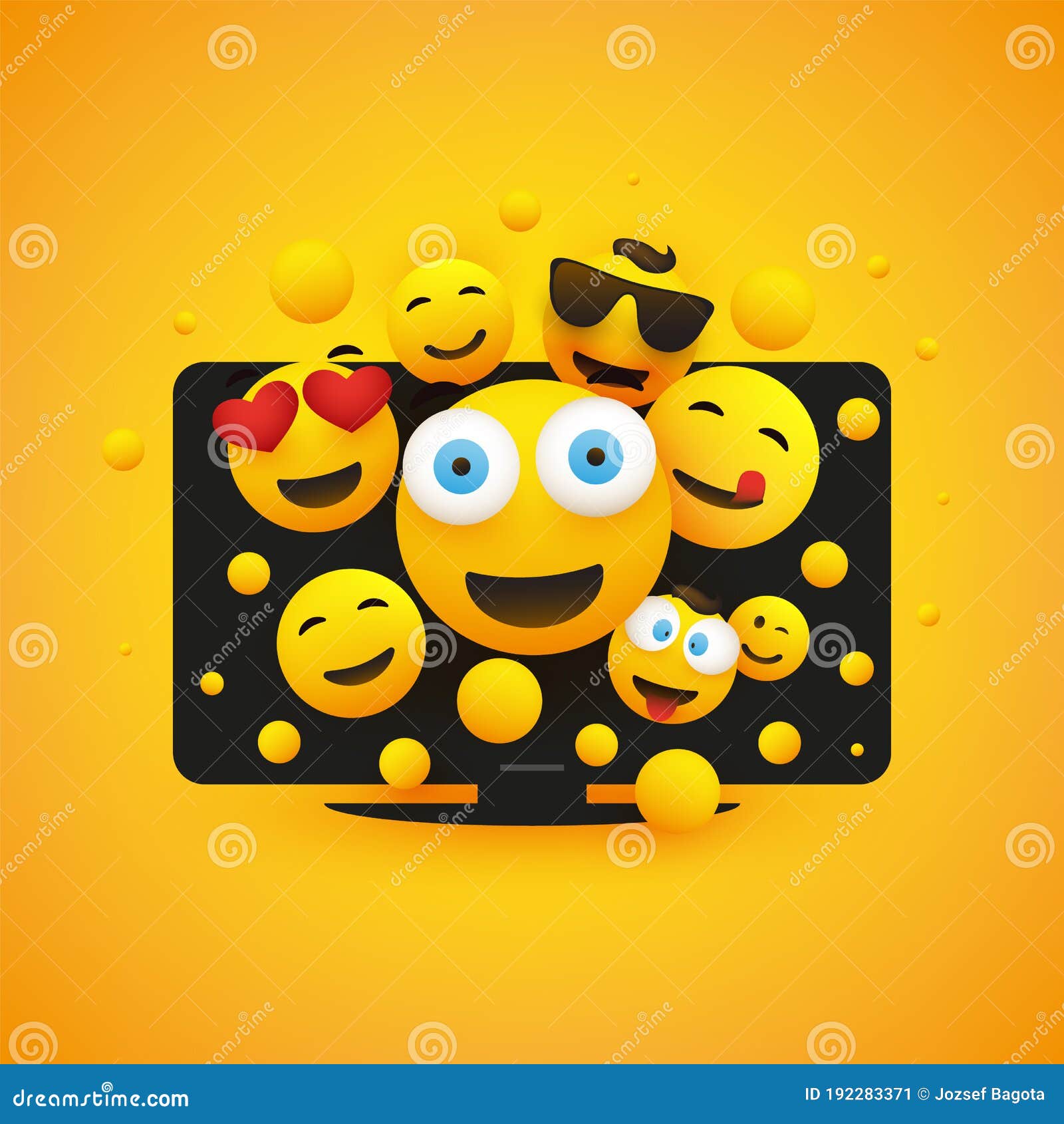 Various Smiling Happy Yellow Emoticons in Front of a Smart Television ...