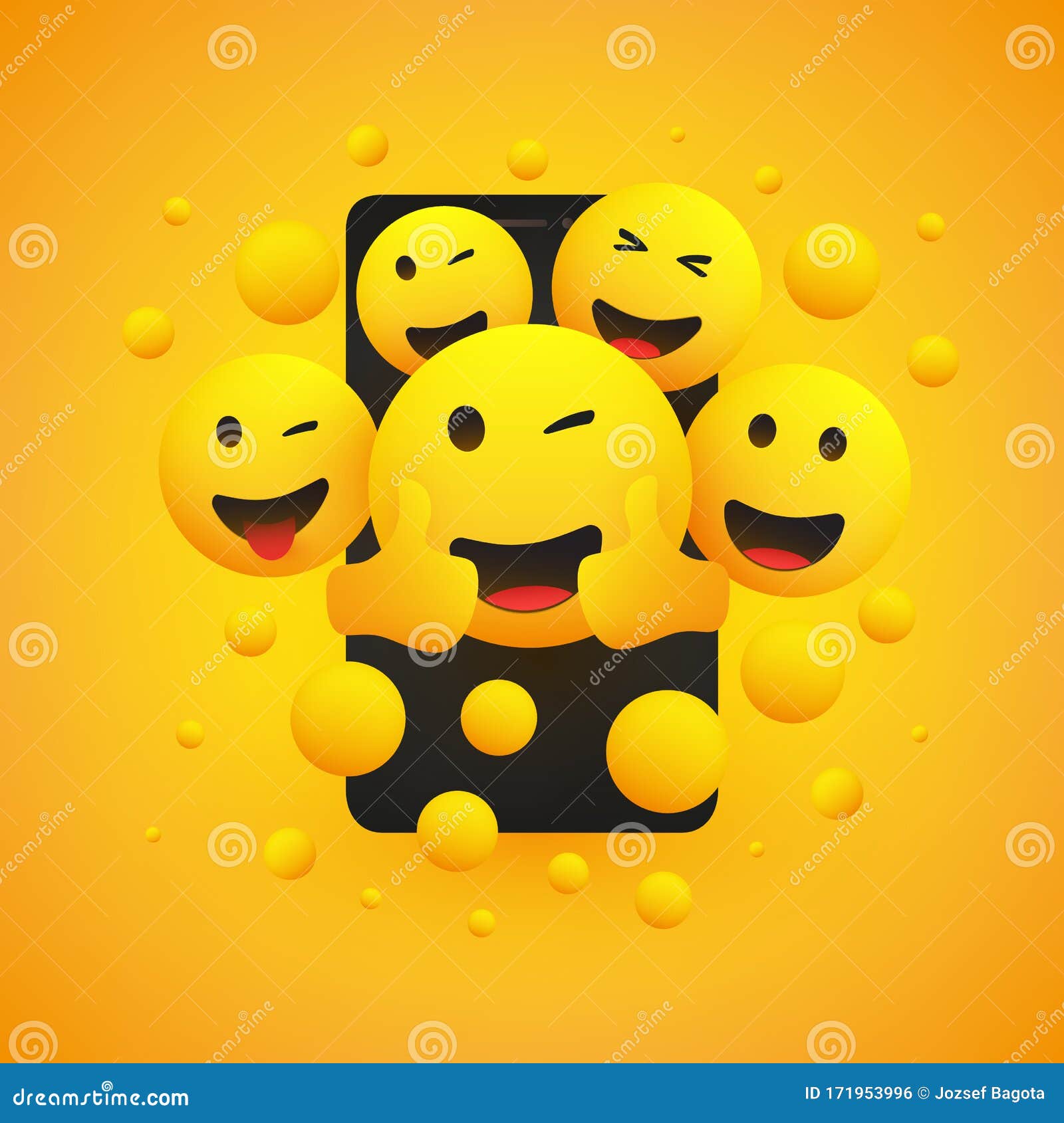 Various Smiling Happy Yellow Emoticons in Front of a Smartphone Screen ...