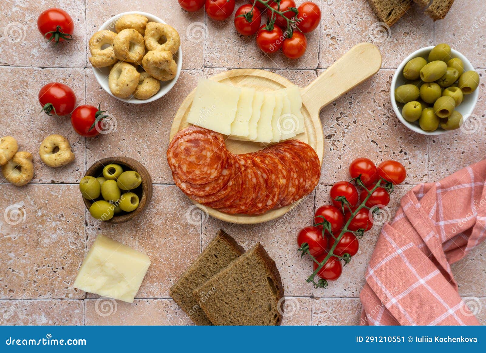 Various Snacks on Beige Tile Background, Top View Stock Image - Image ...