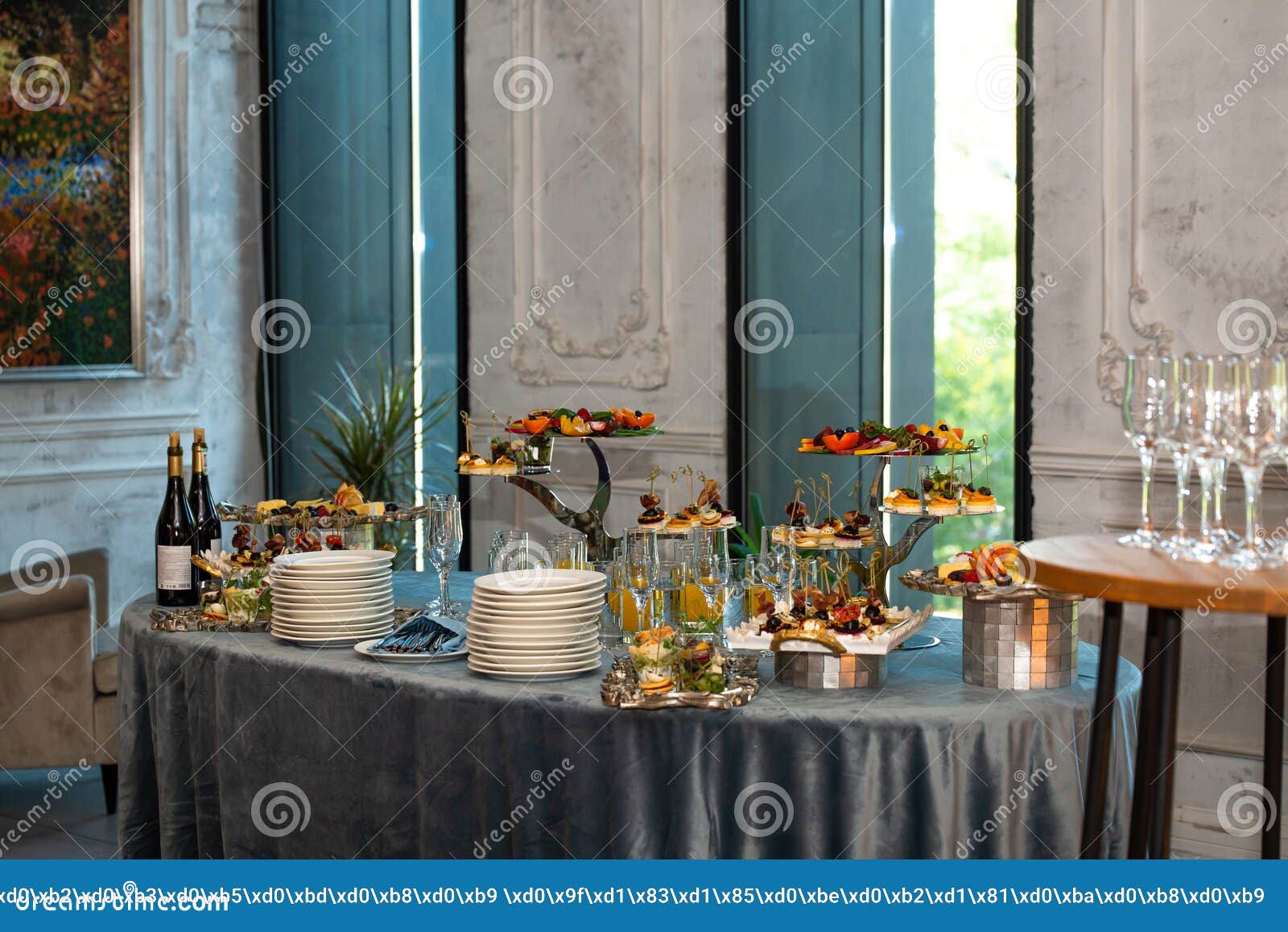 Various Snacks on Stands on the Buffet Table. Self-service at the Event ...