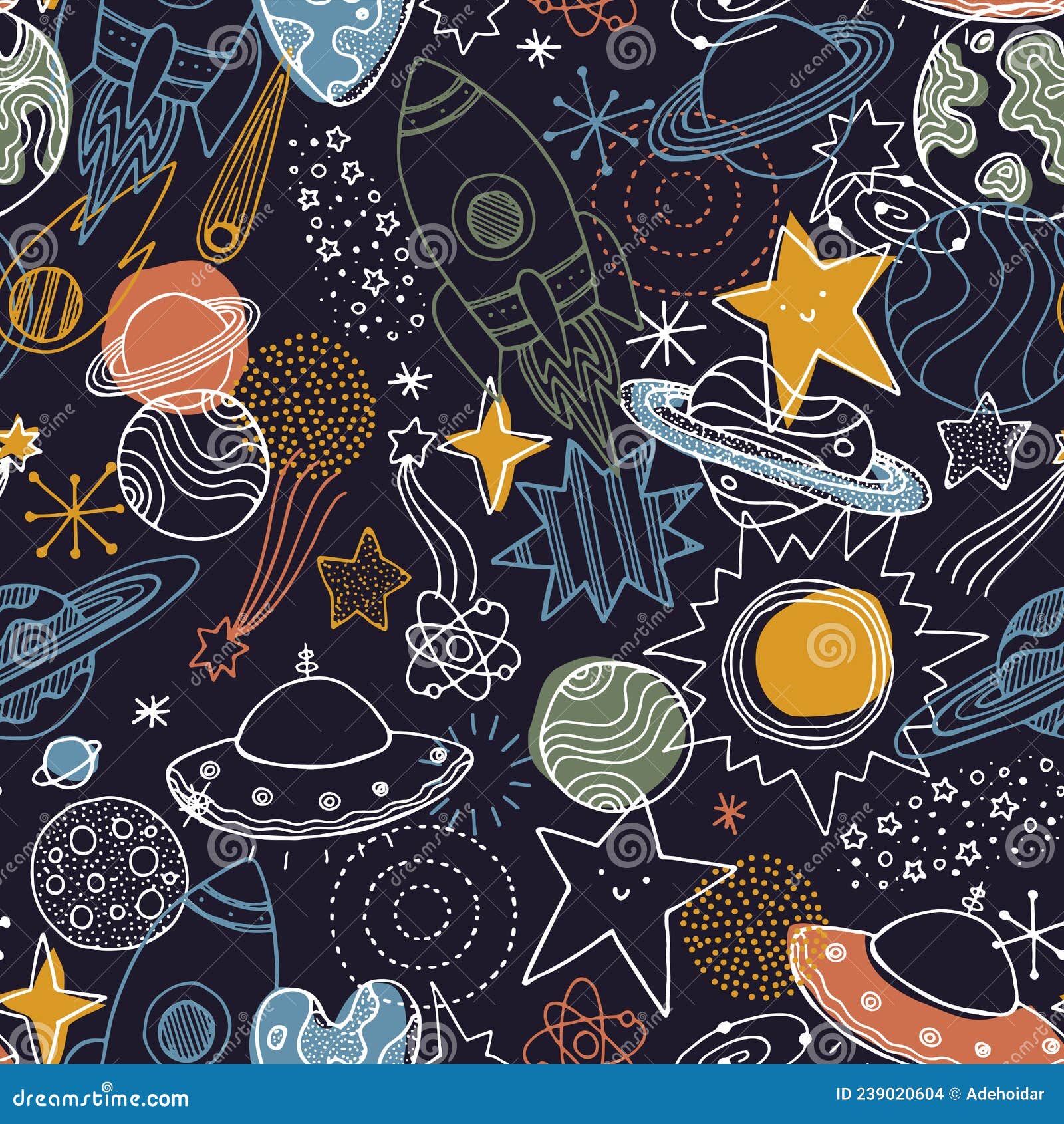Various Space Elements Seamless Pattern. Linear Graphic. Scandinavian ...