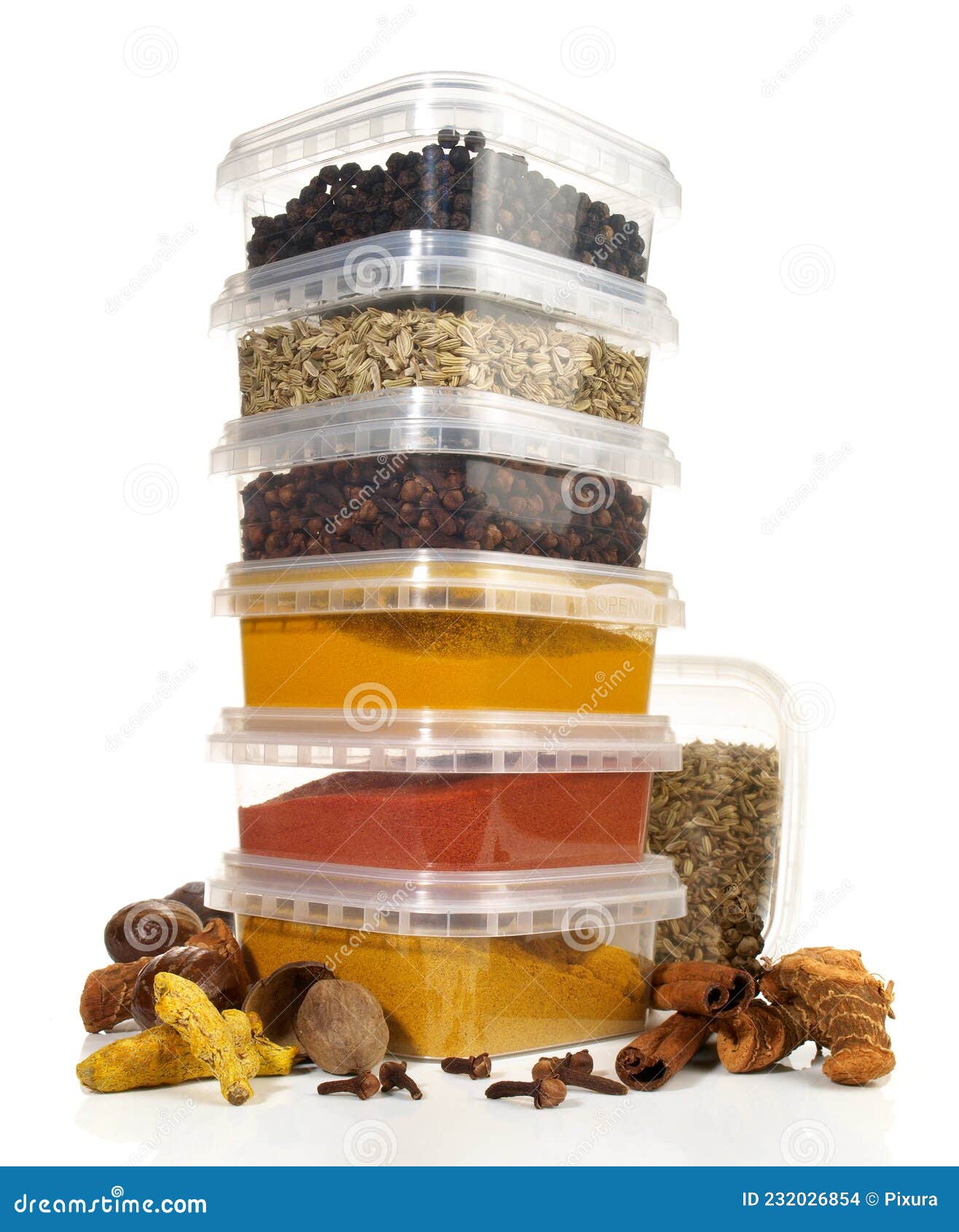 Various Spice in Plastic Boxes on White Background - Isolated Stock ...