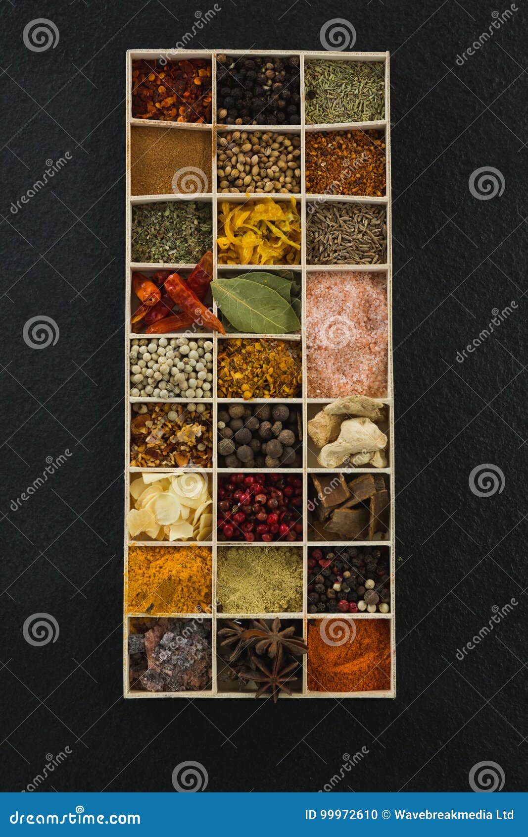Various Spices Arranged in Tray Stock Photo - Image of cinnamon, leaf ...