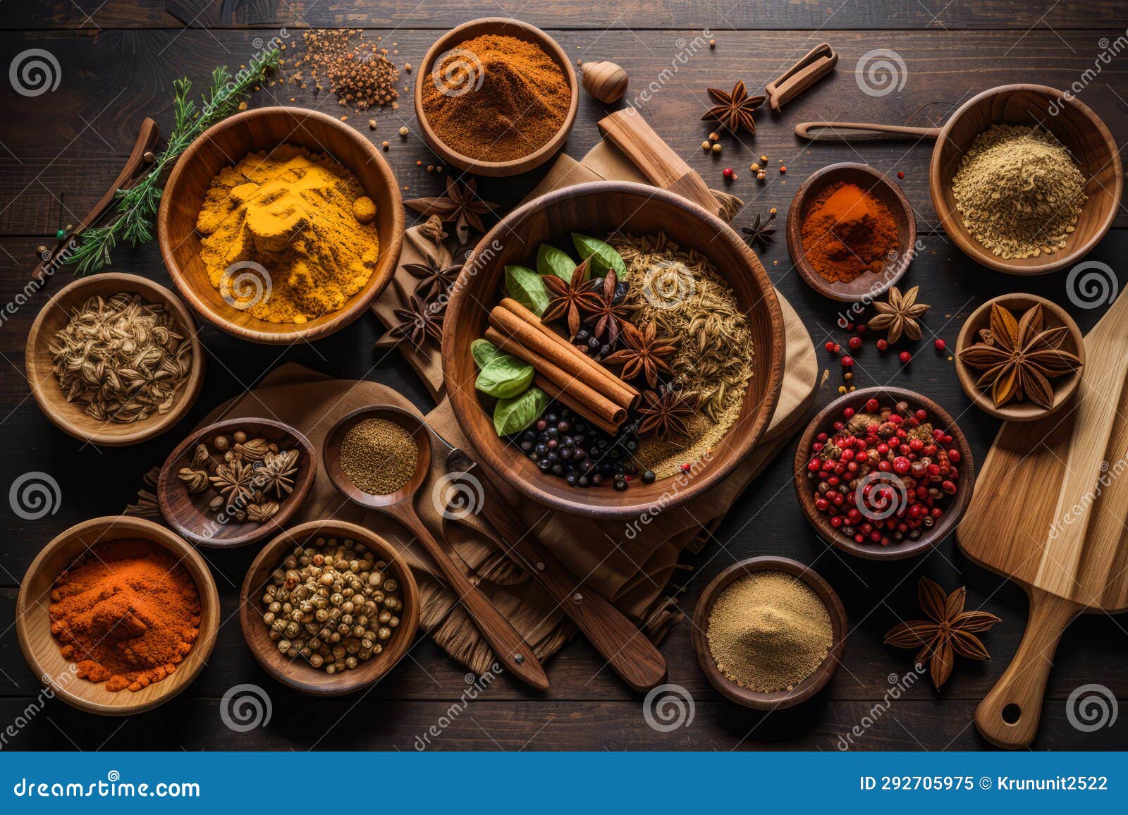 Various Spices in a Bowls on Dark Table Background Stock Illustration ...