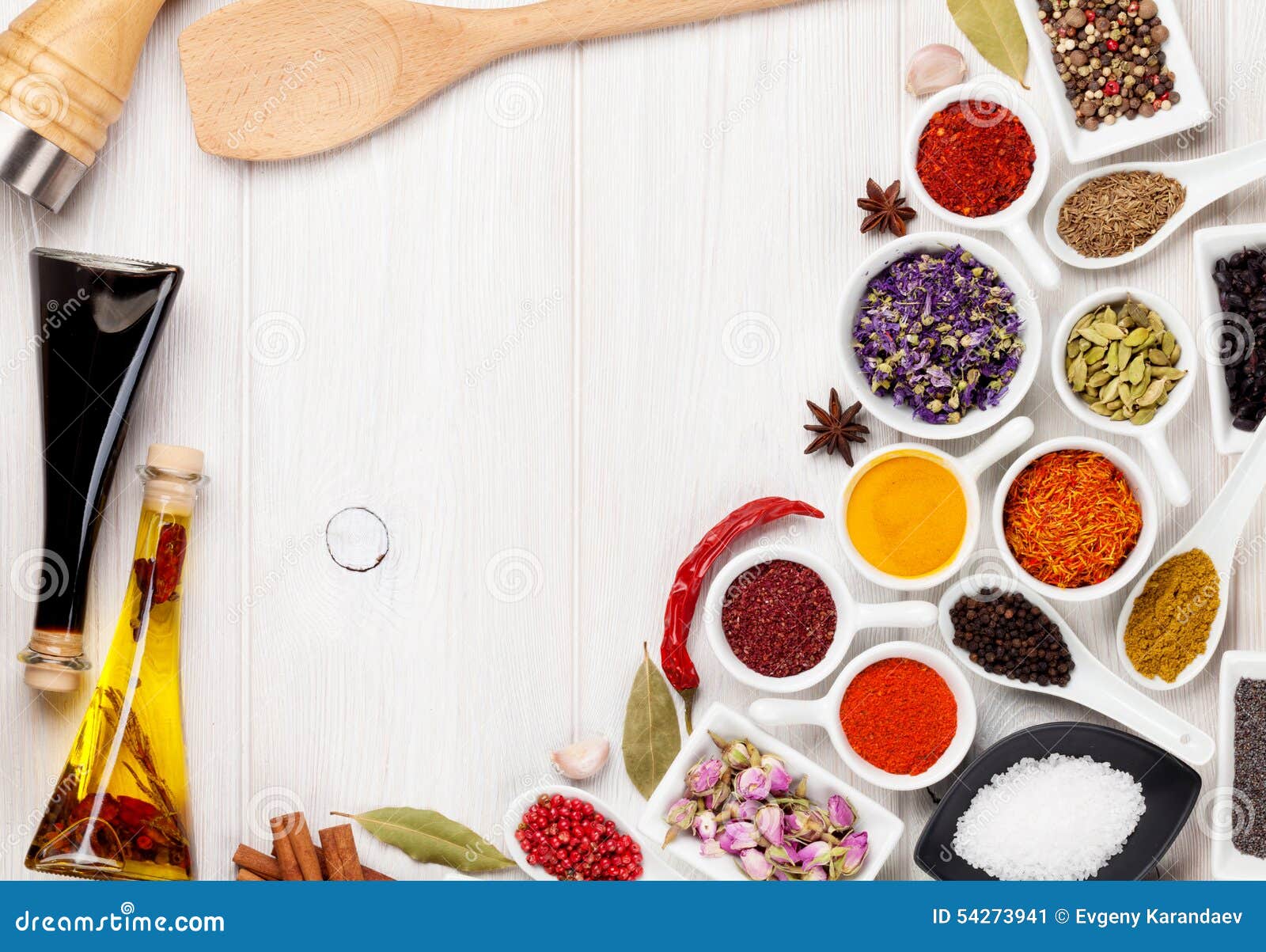 Various Spices and Condiments on White Wooden Background Stock Image ...