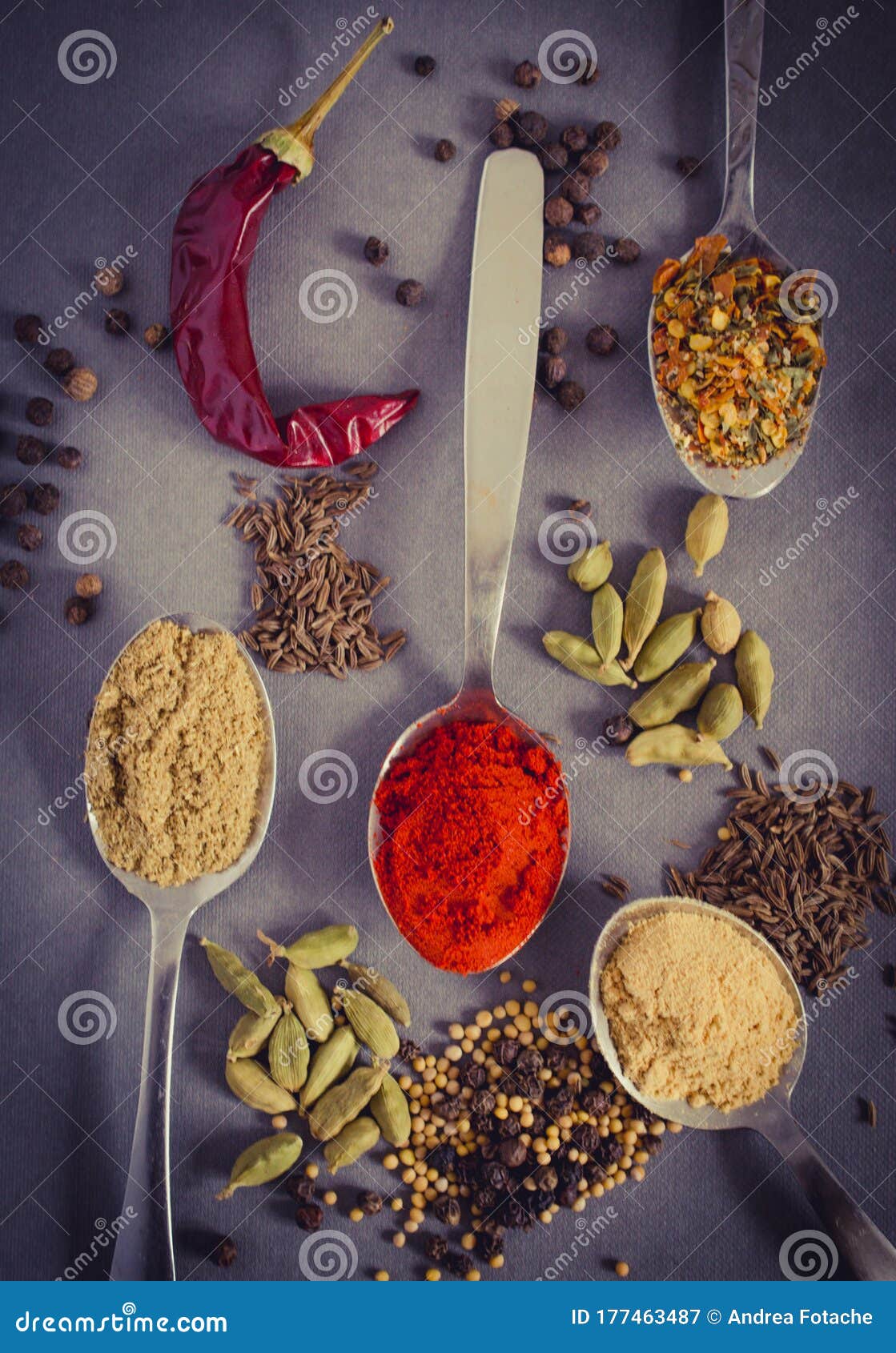 Various Spices on Grey Background. Cooking Stock Image - Image of ...