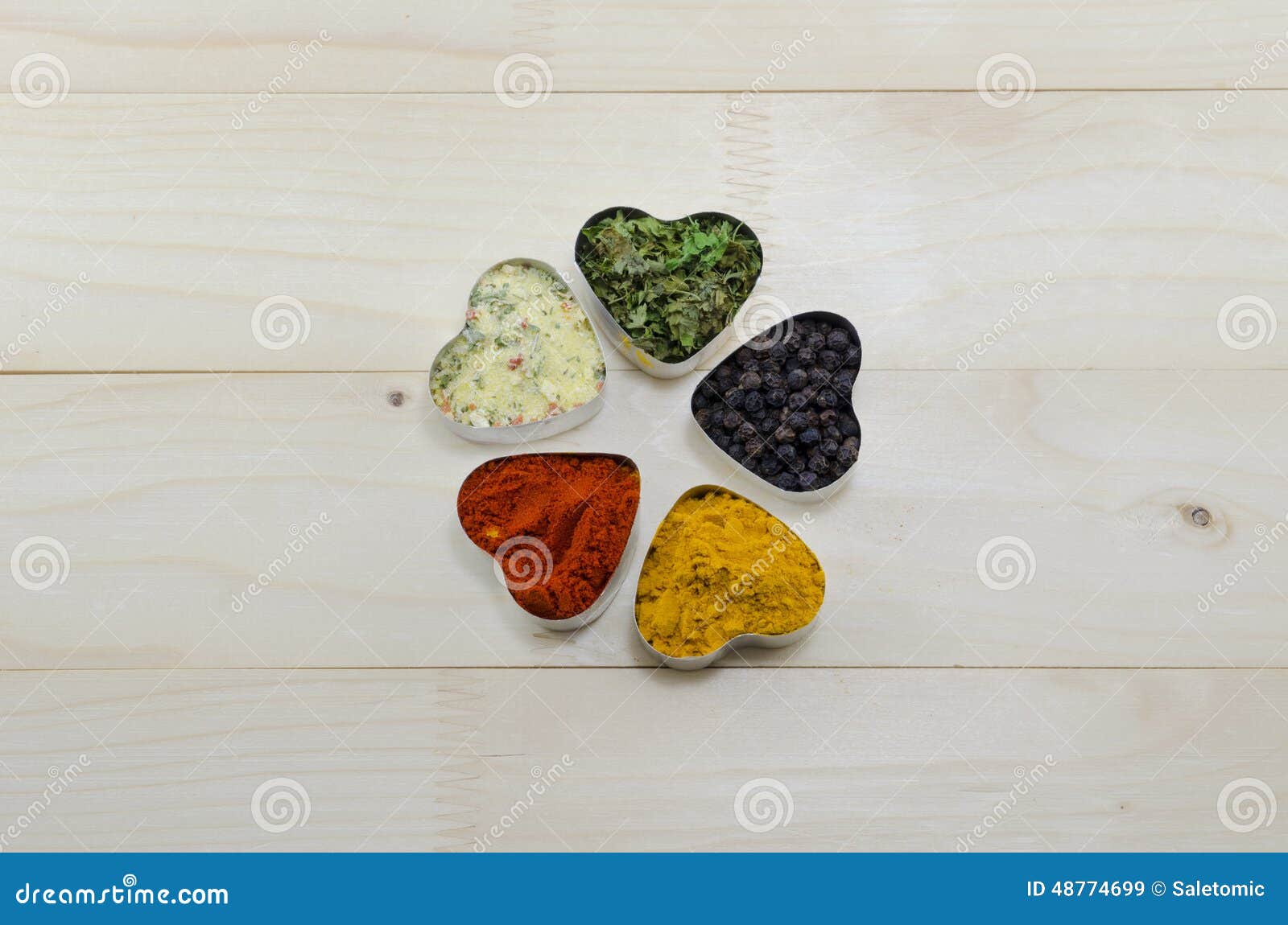 Various Spices in Heart Chaped Containers Stock Image - Image of leaf ...