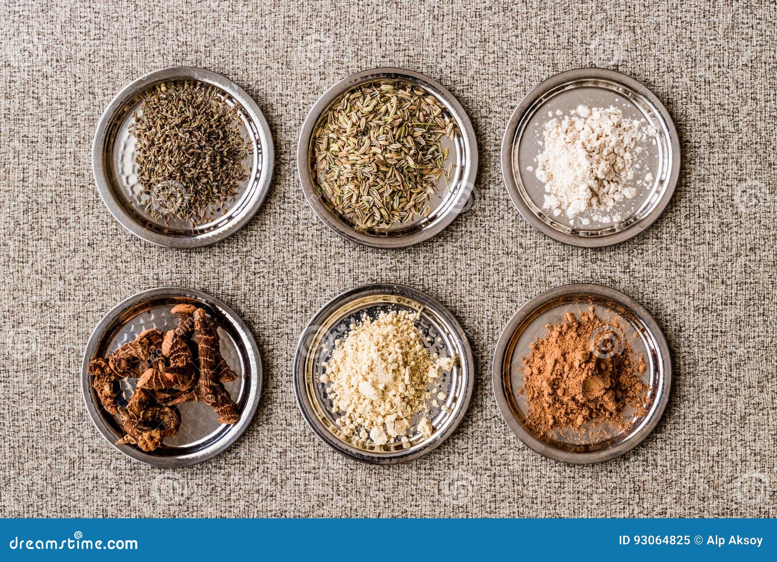 Various Spices and Herbs on Silver Plate Stock Image - Image of space ...