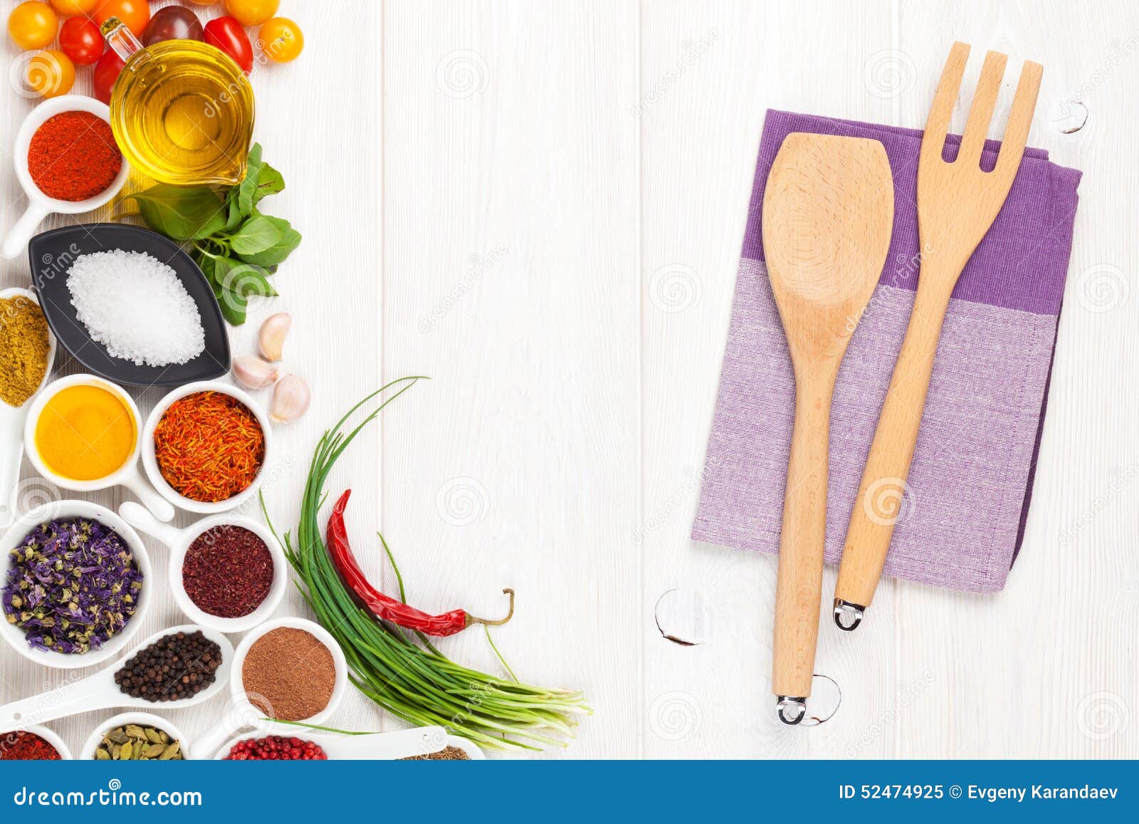 Various Spices and Kitchen Utensil Stock Image - Image of napkin, salt ...