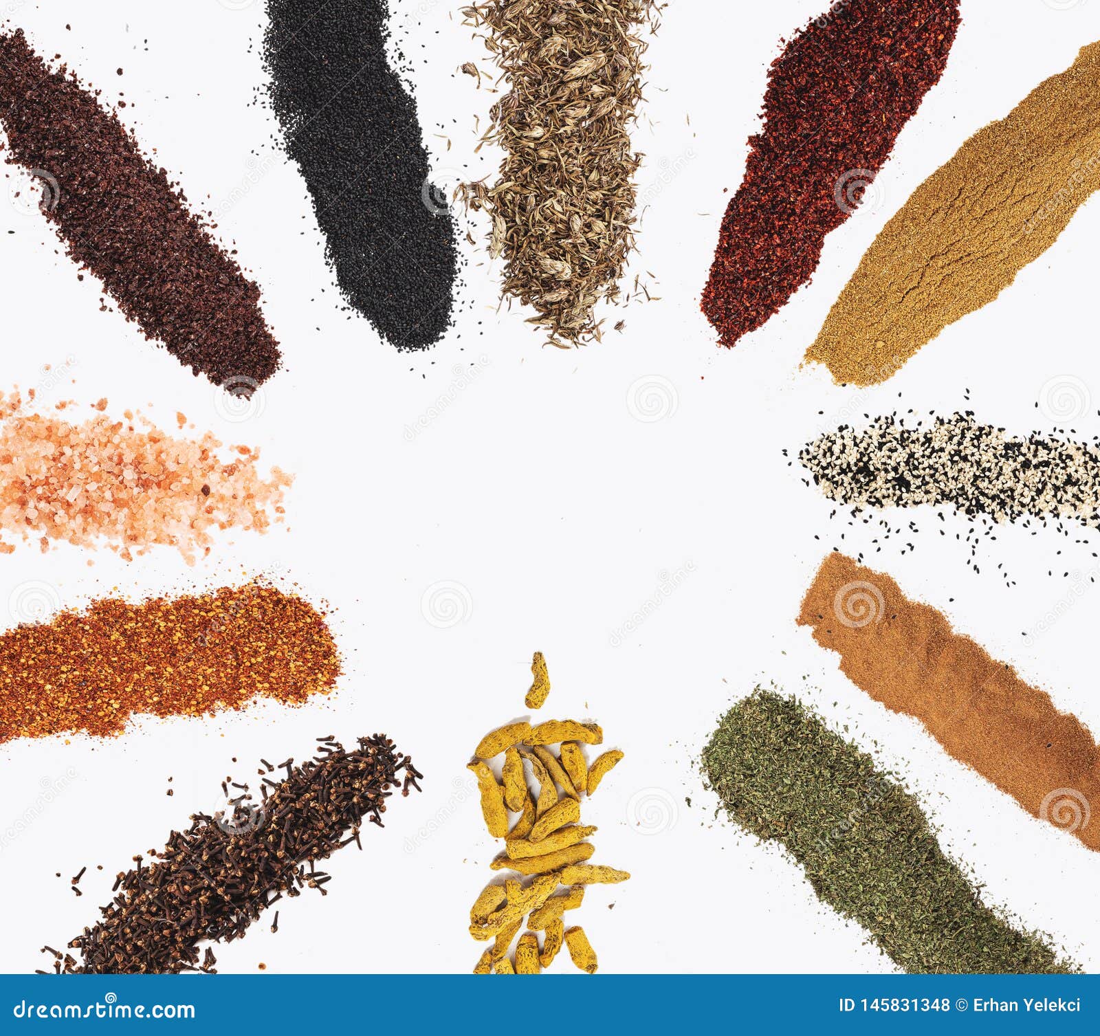 Various Spices on White Background. Top View with Free Space, and Note ...