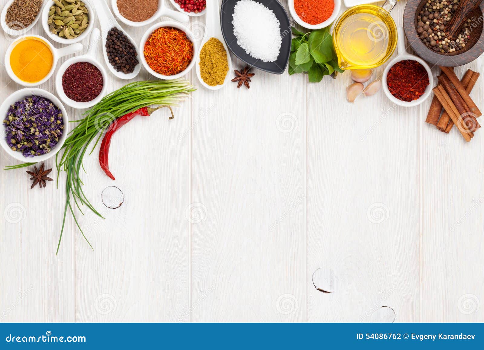 Various Spices on White Wooden Background Stock Photo - Image of ...