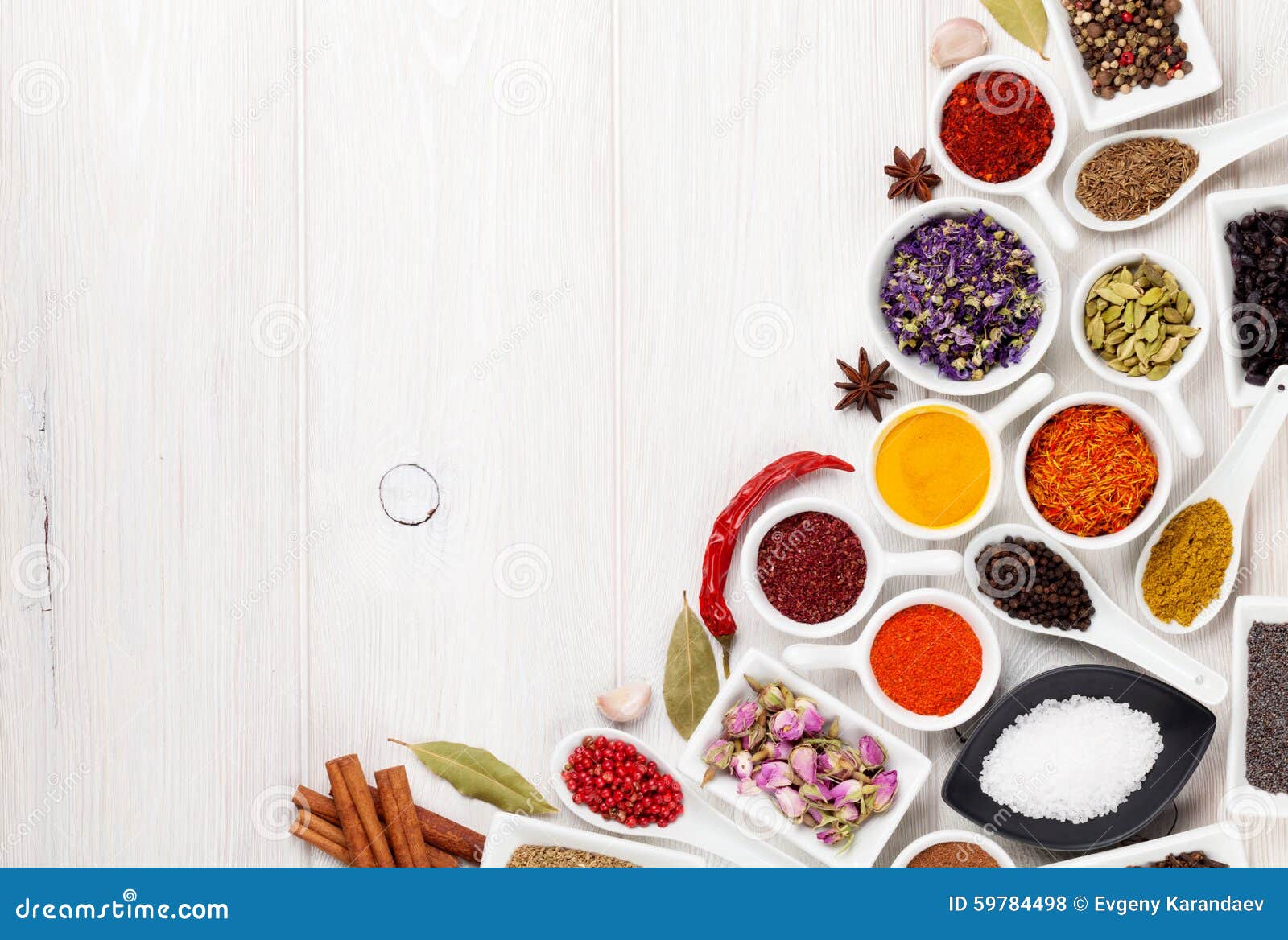 Various Spices on White Wooden Background Stock Photo - Image of ...