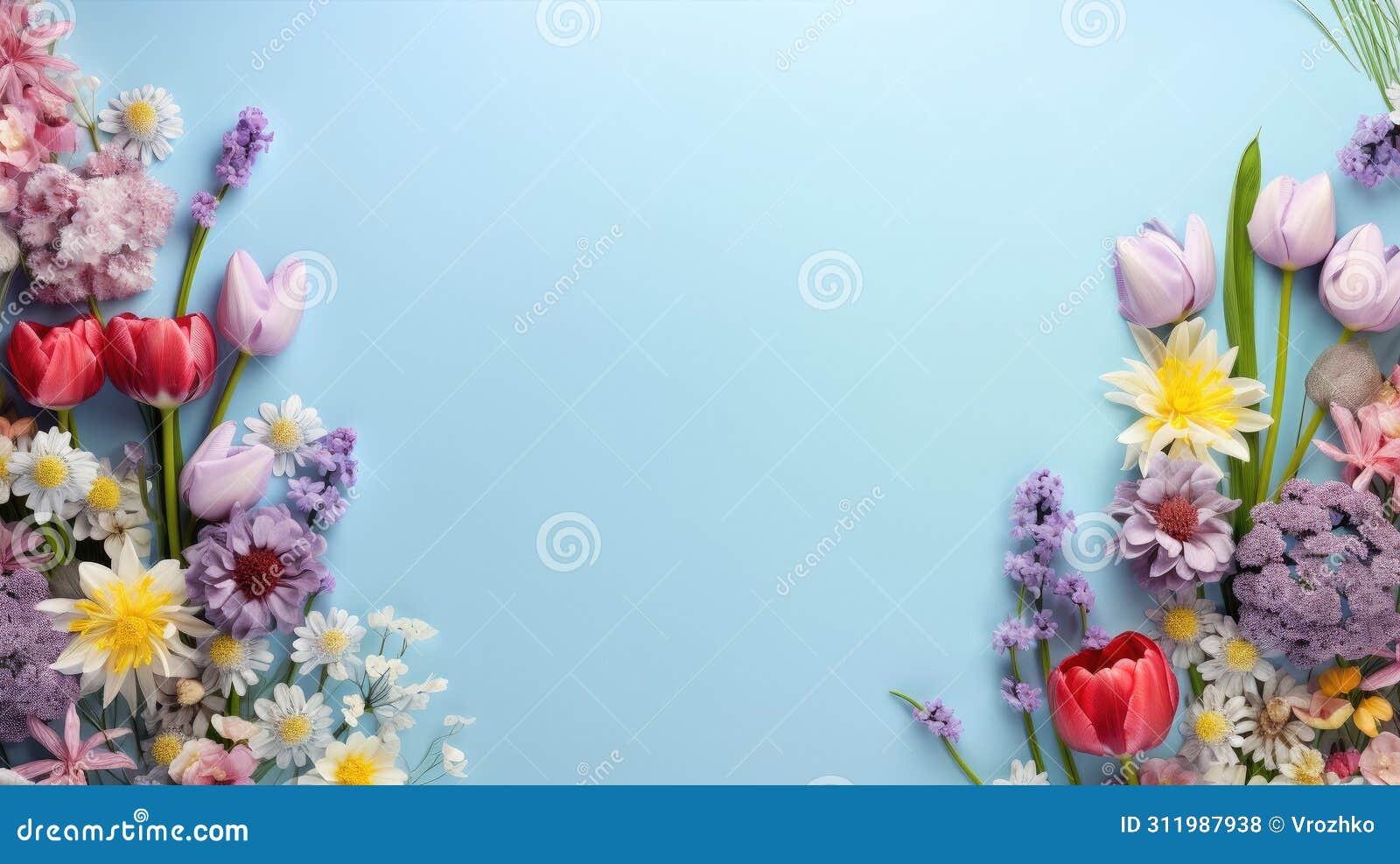 Various Spring Flowers Pattern on Blue Background with Copy Space Stock ...