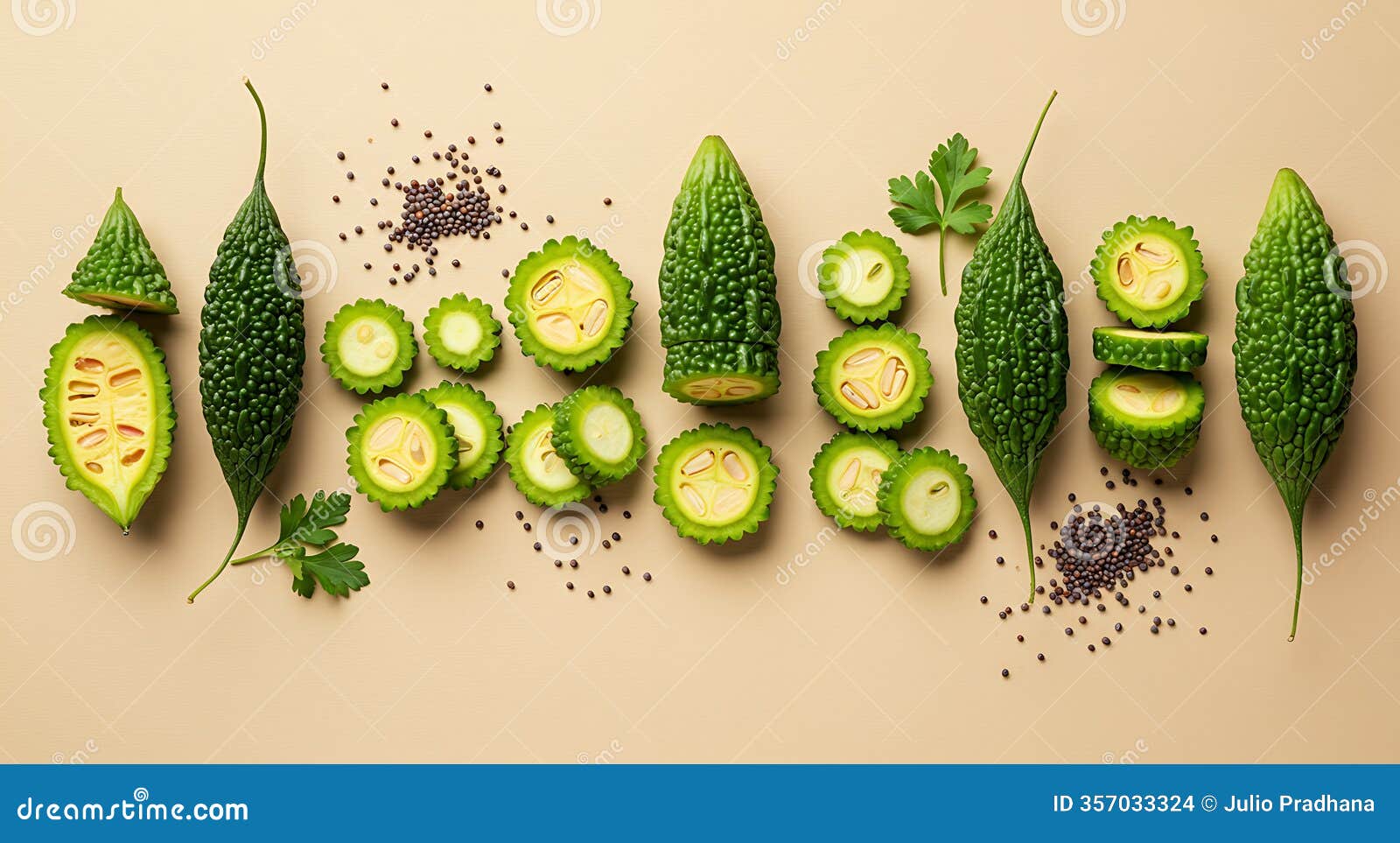 Various Stages of Bitter Gourd Preparation Presented on a Flat Surface ...