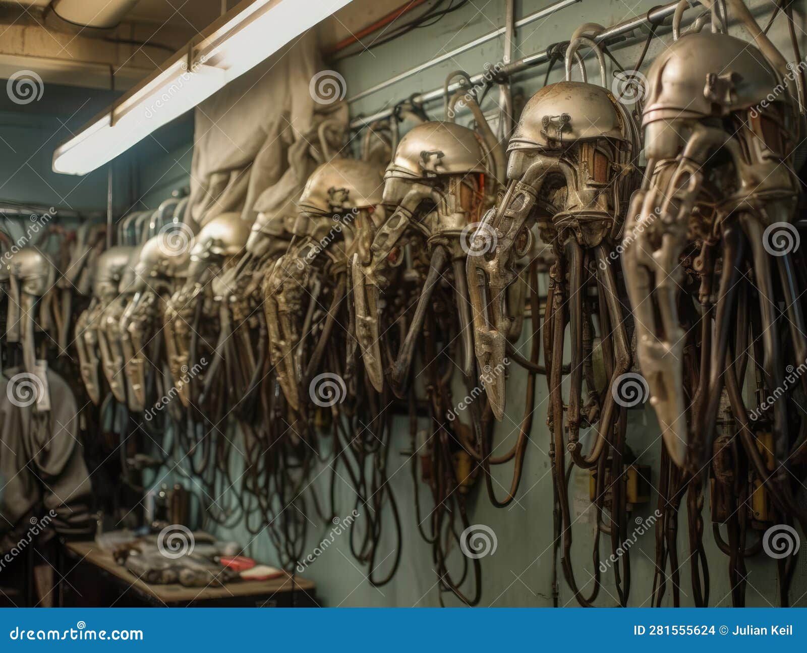 Various Stages of Cybernetic Limbs Hanging on Wall Stock Illustration ...