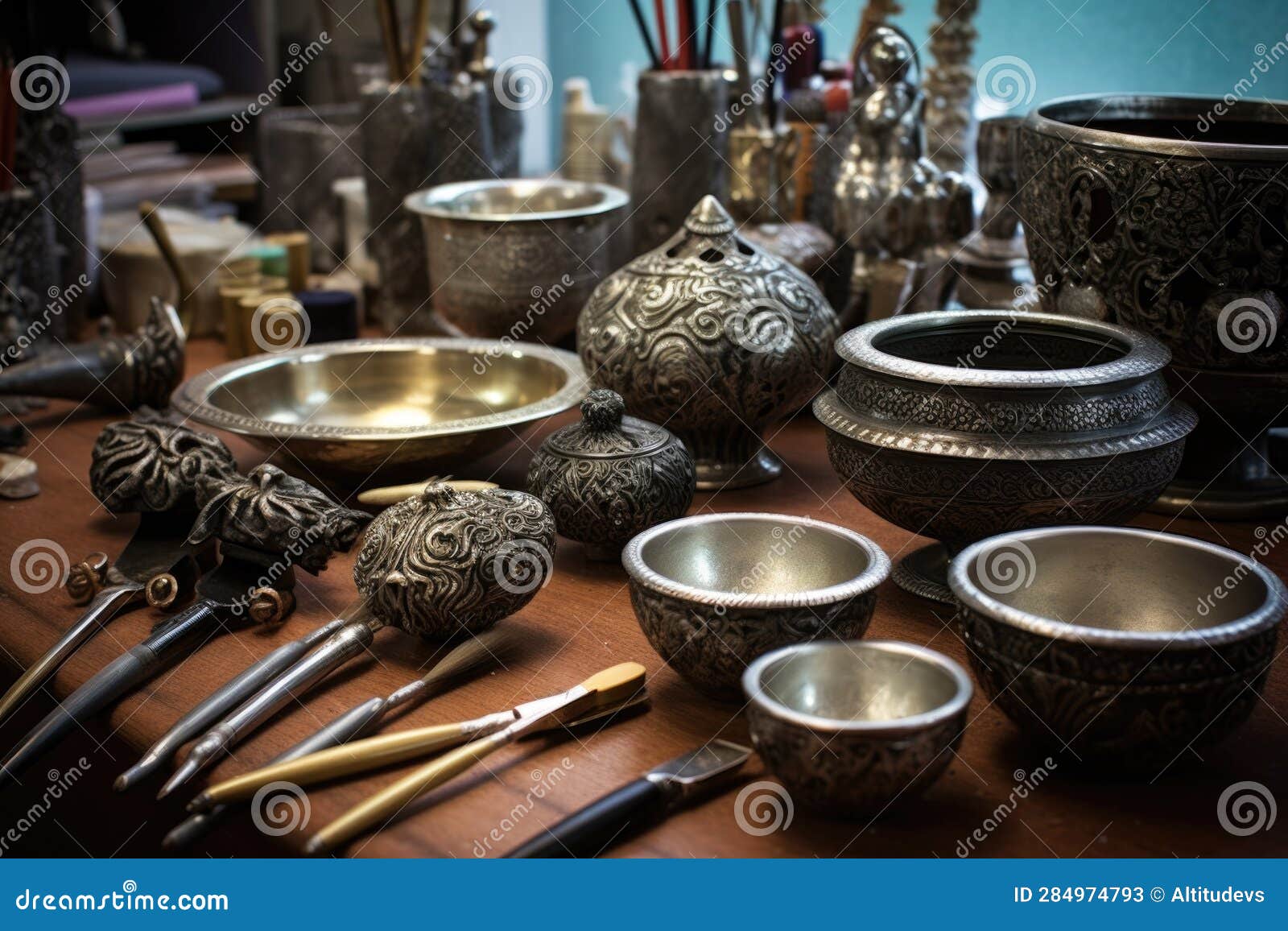 Various Stages of Silverwork Pieces Stock Illustration - Illustration of creative, silverwork ...