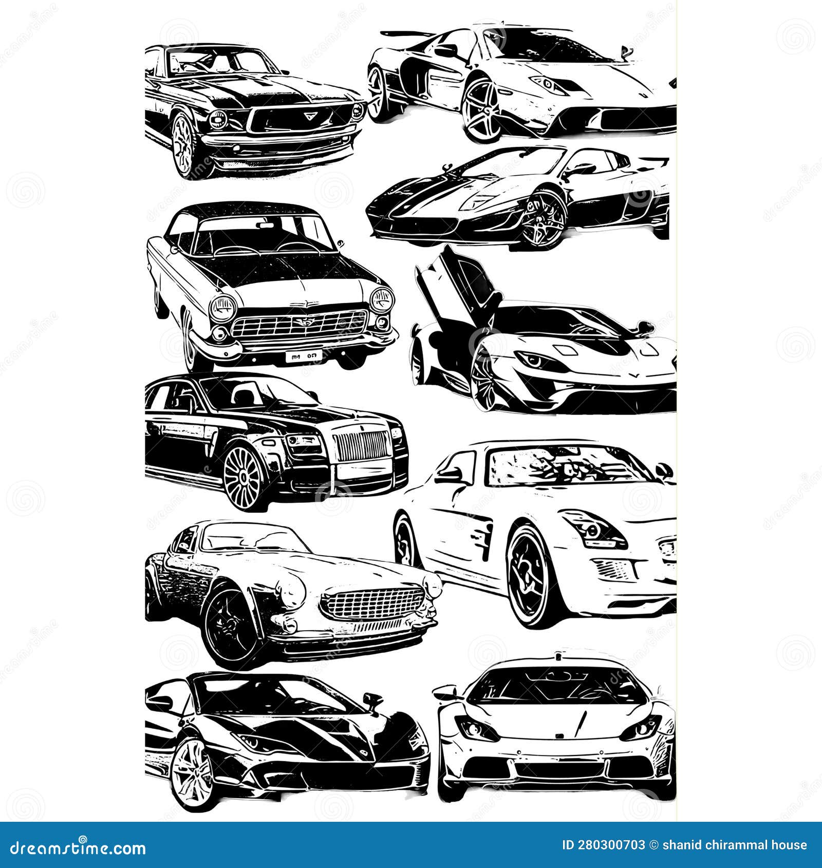 Various Style Cars Scetch Drawing Illustration on Black Line Stock ...