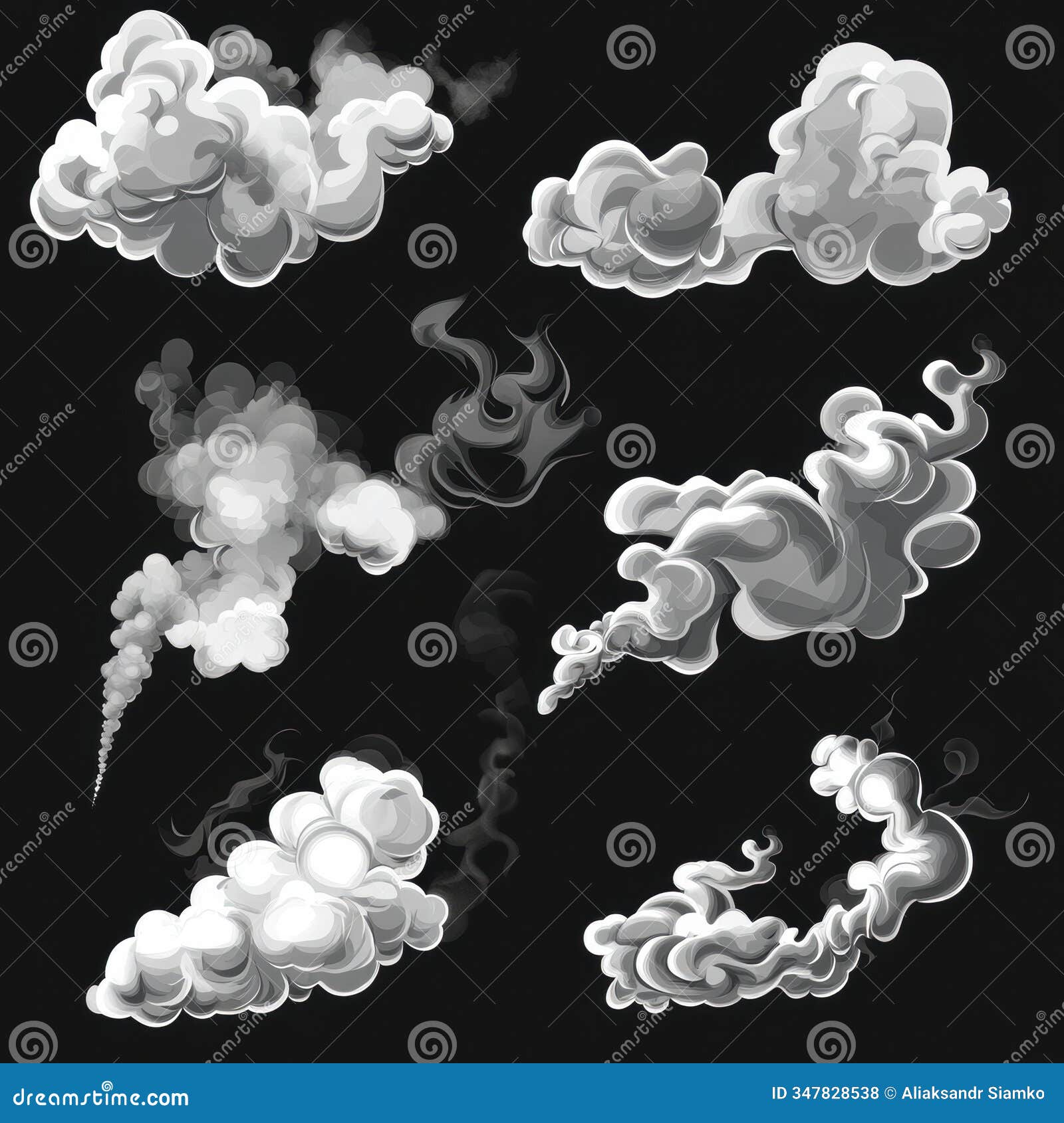 Various Stylized Clouds and Smoke Designs on a Black Background Stock ...