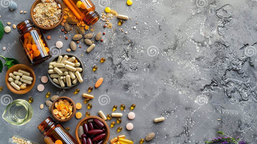 Various Supplements and Vitamins Scattered on Textured Surface Stock ...