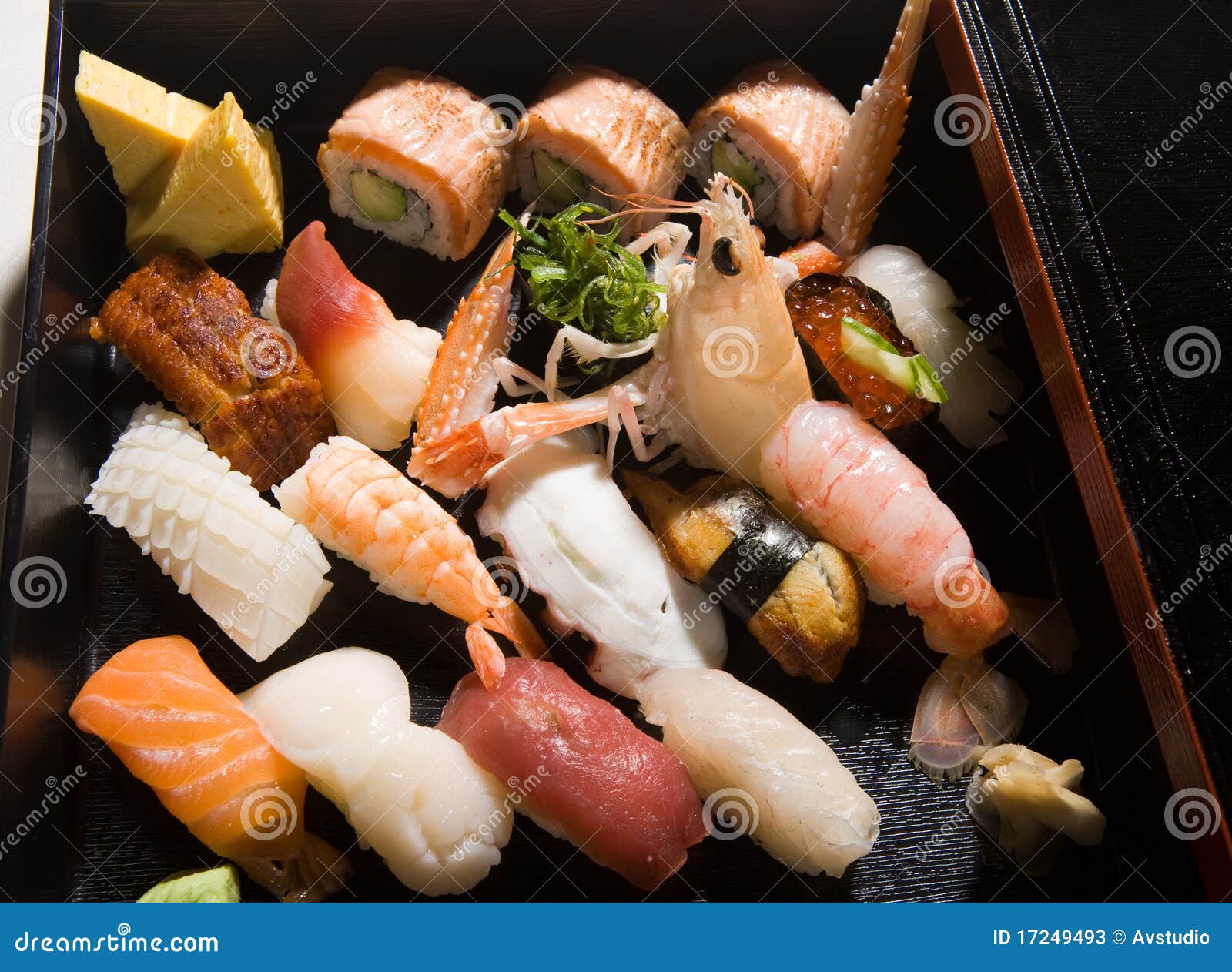 Various sushi in a box stock image. Image of leaves, tasty - 17249493