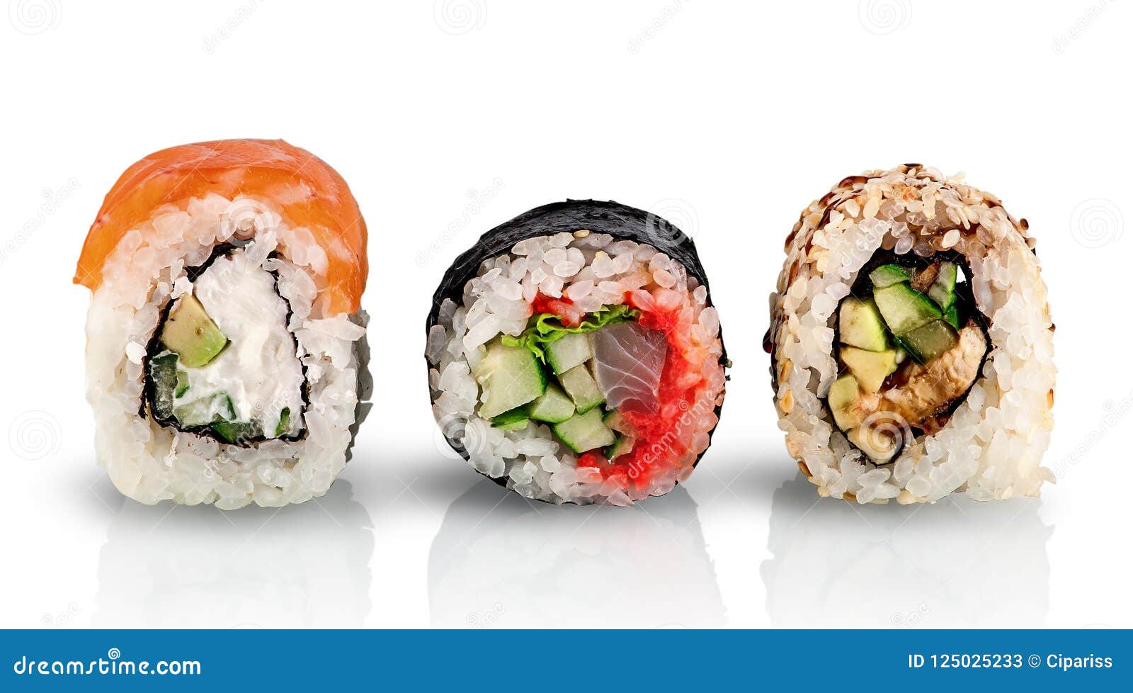 Various Sushi Rolls in a Row Stock Image - Image of orange, closeup ...