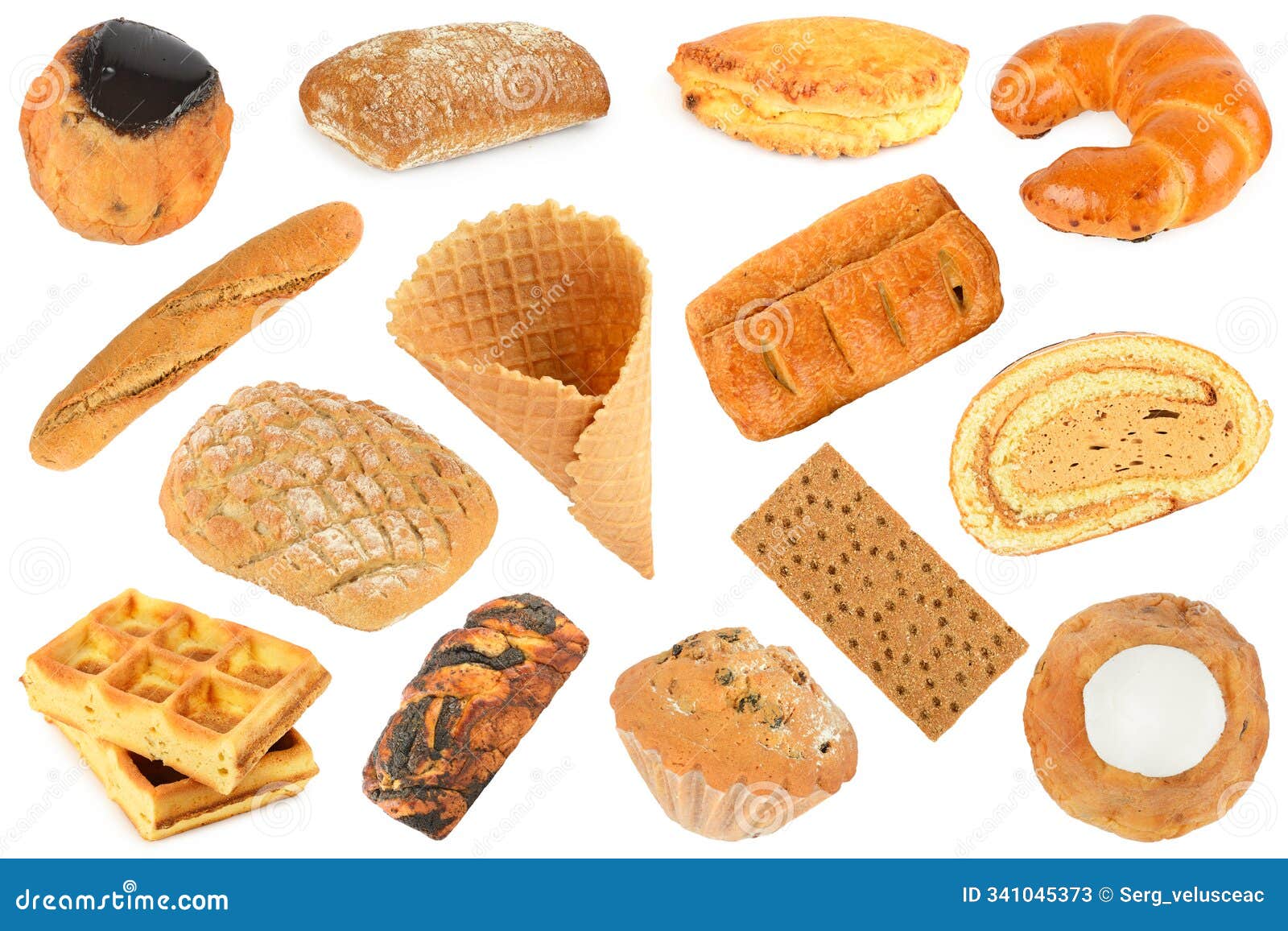 Various Sweet Bread Products Made from Rye Wheat Isolated on White ...