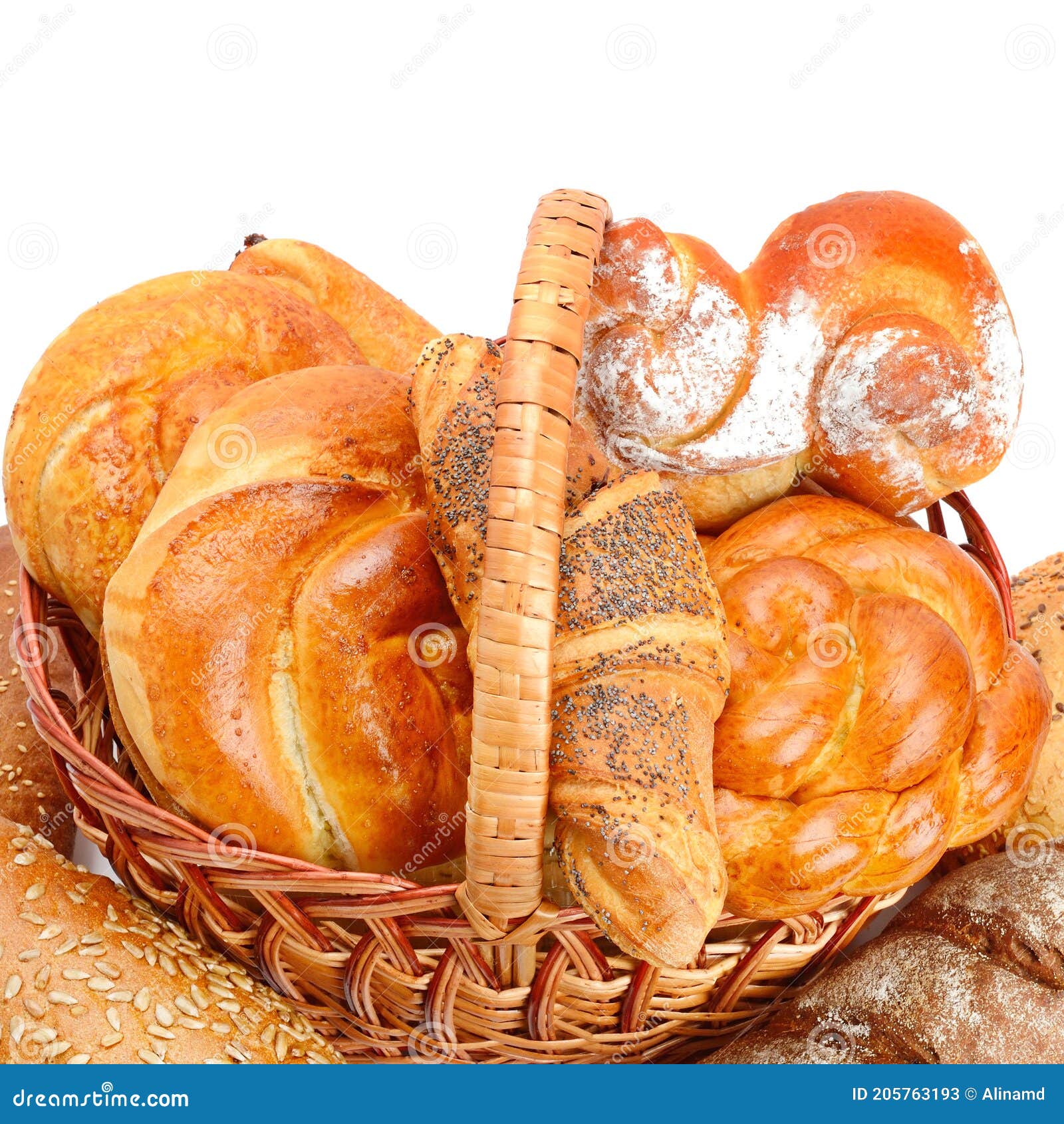 Various Sweet Pastries in a Basket Isolated on White Stock Image ...