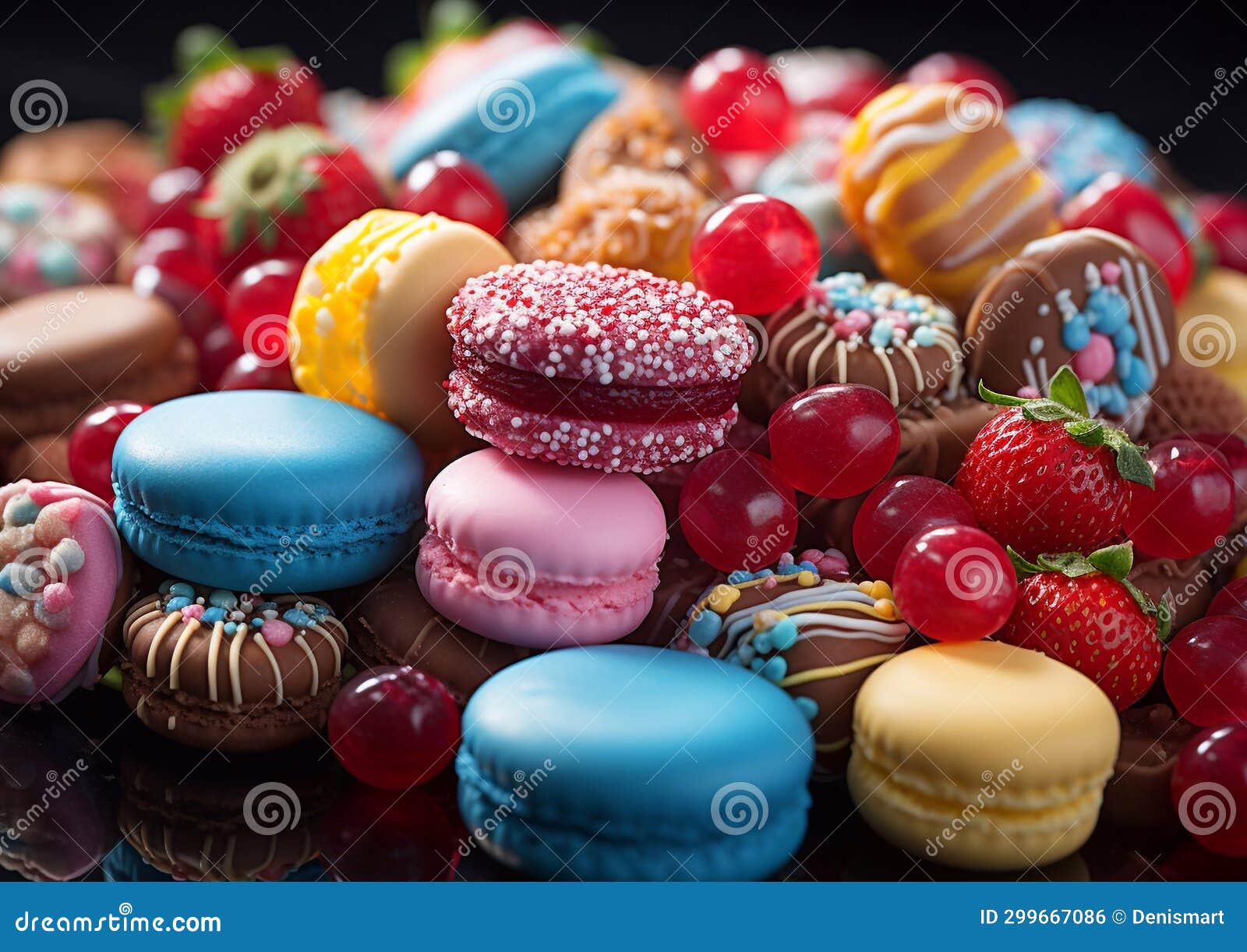 Various Sweets and Candies with Chocolate and Gummies with Macarons ...