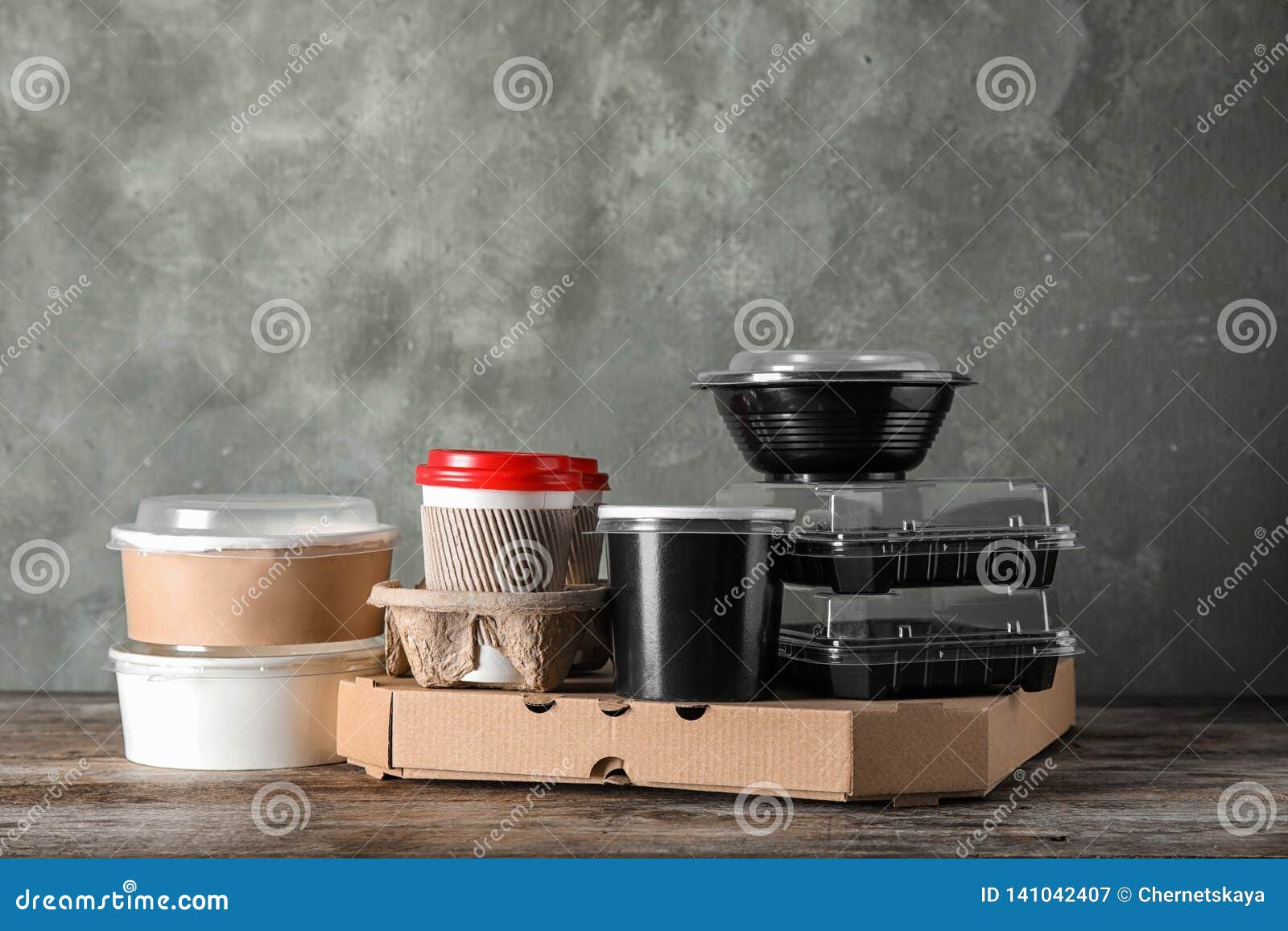 Various Takeout Containers on Table. Stock Image - Image of mockup ...