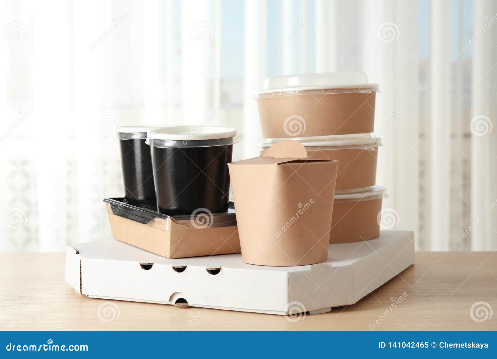 Various Takeout Containers on Table. Stock Image - Image of empty ...